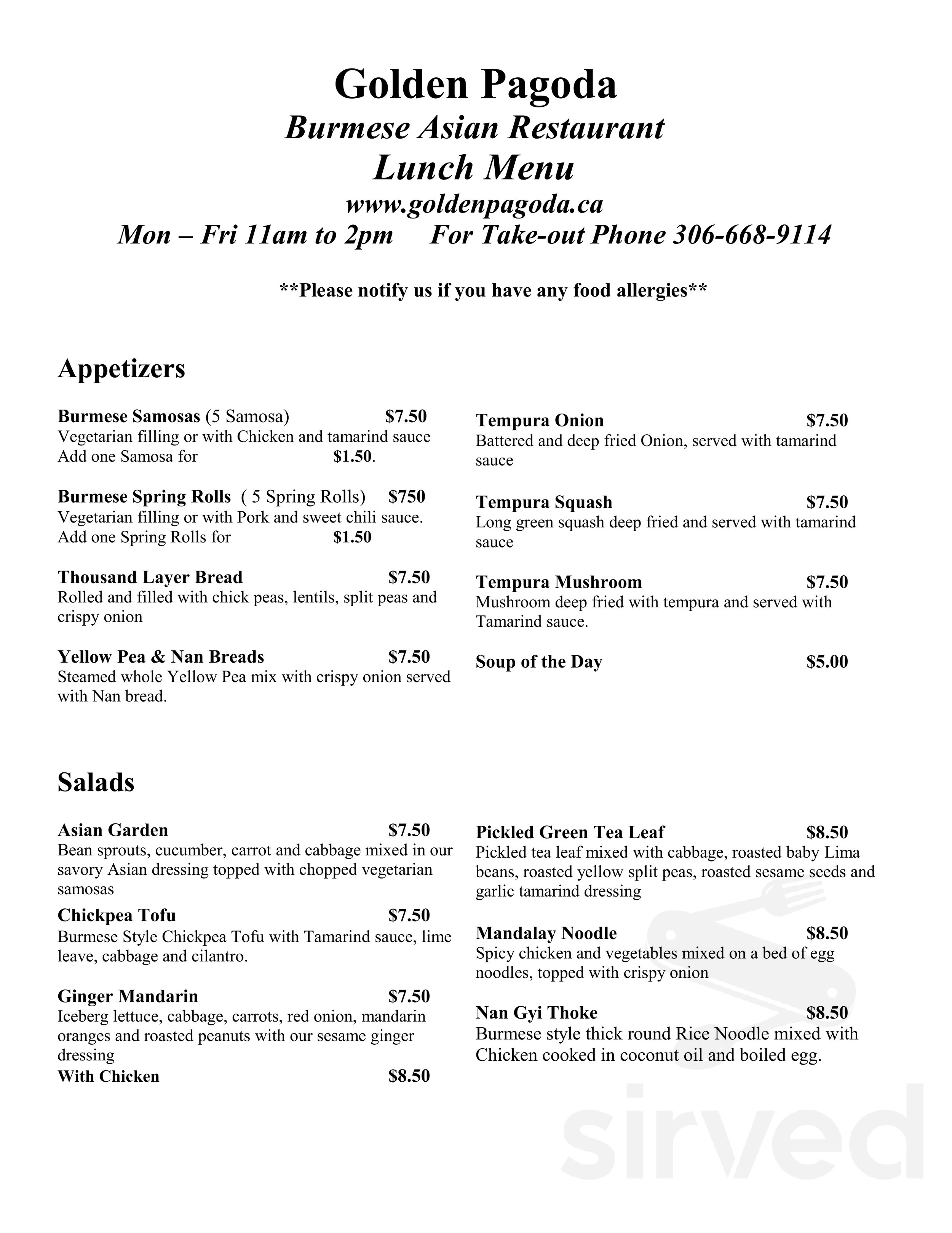 Golden Pagoda Burmese Asian Restaurant menu in Saskatoon, Saskatchewan ...
