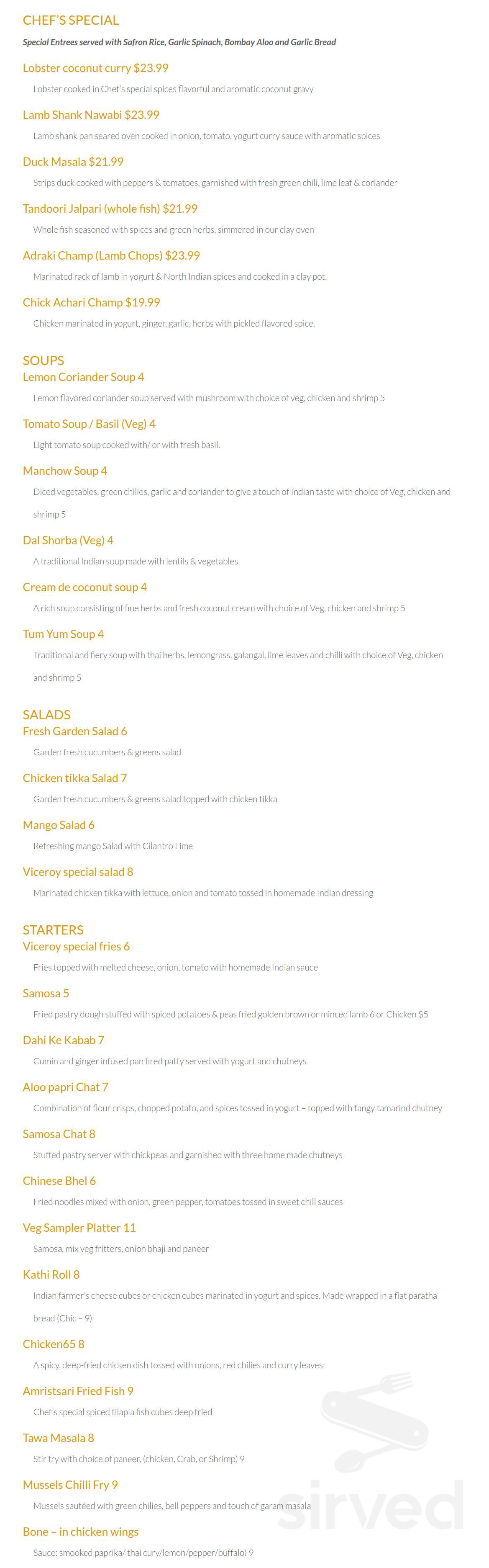 Viceroy Indian Cuisine & Bar menu in Bakersfield, California, USA