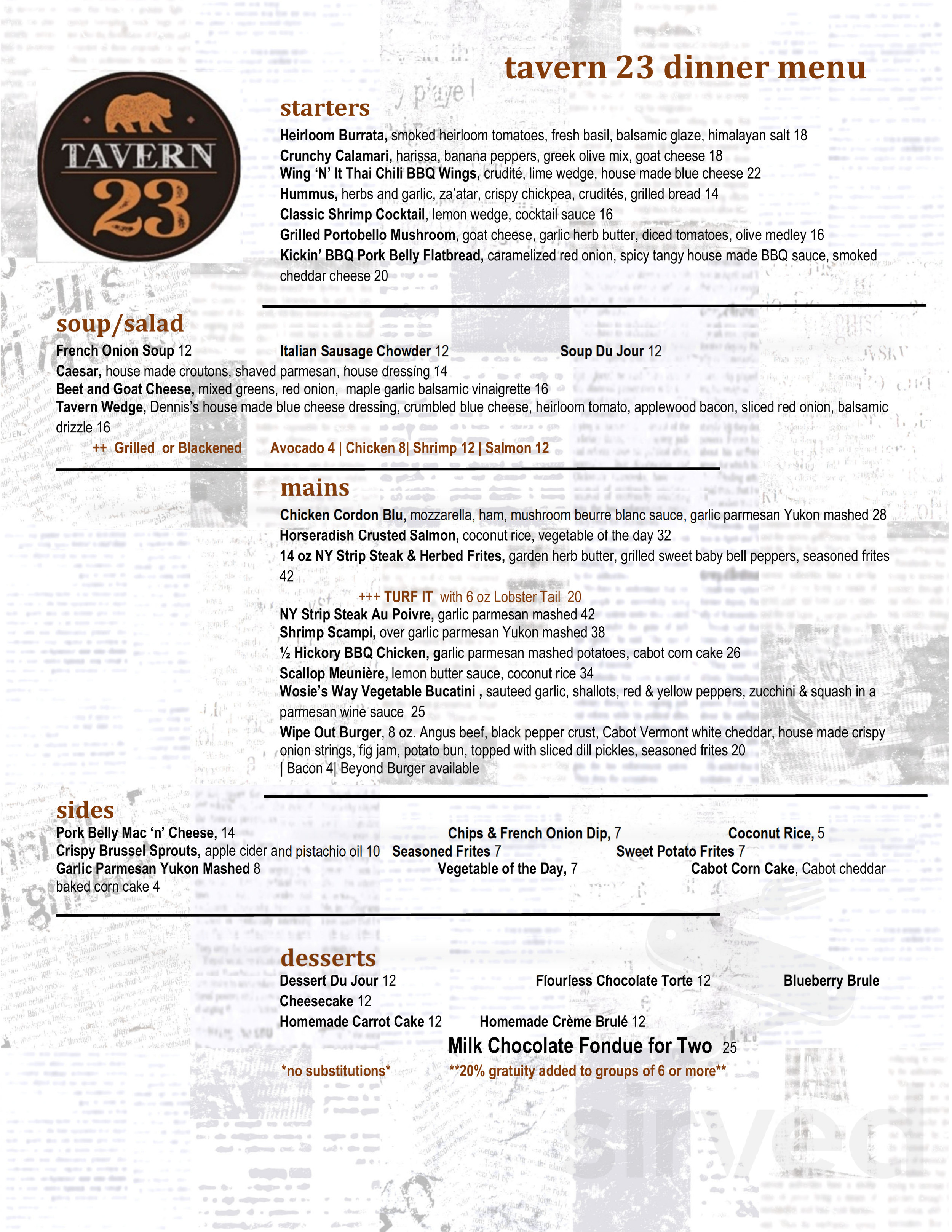 Tavern 23 menu in Windham, New York, USA