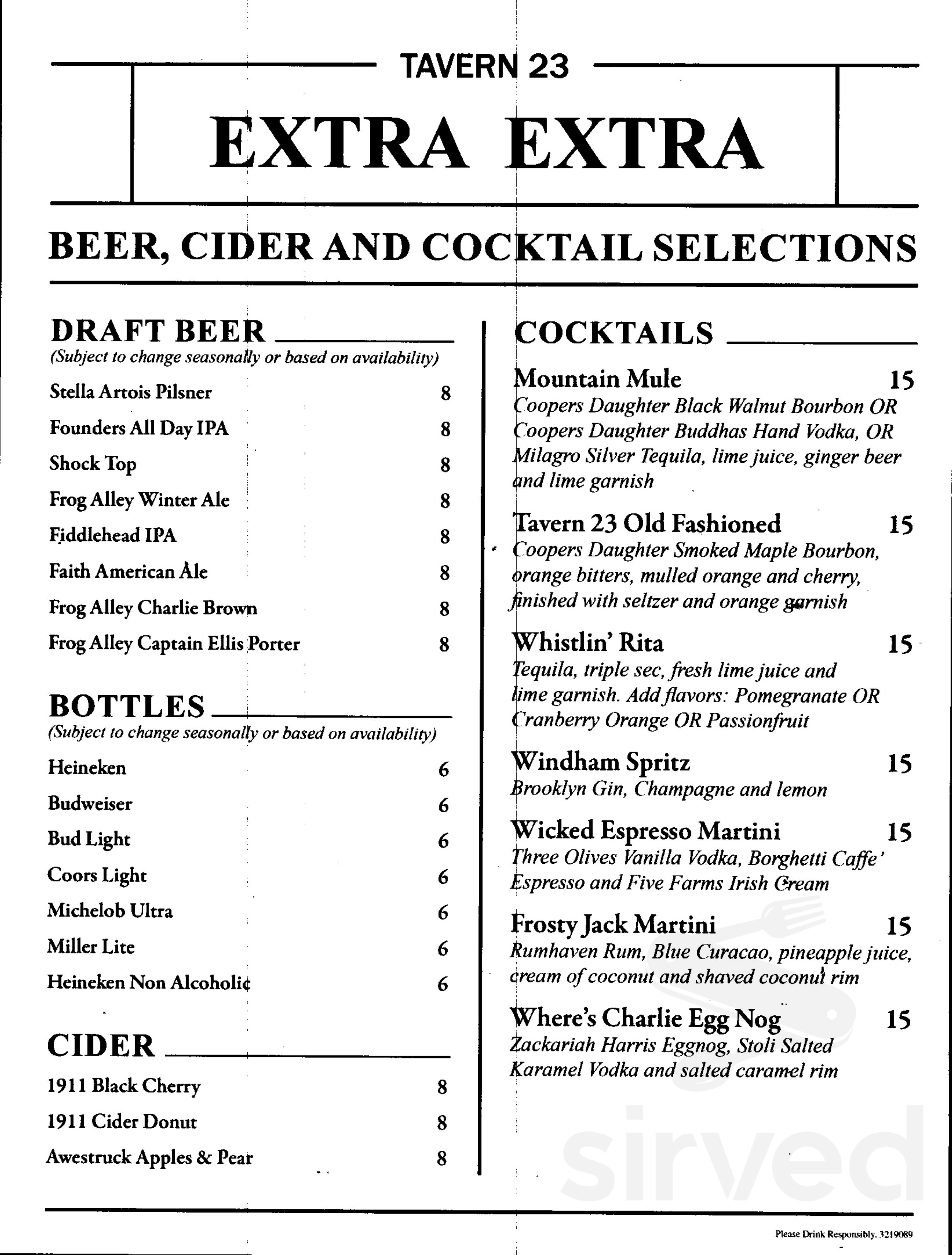 Tavern 23 menu in Windham, New York, USA