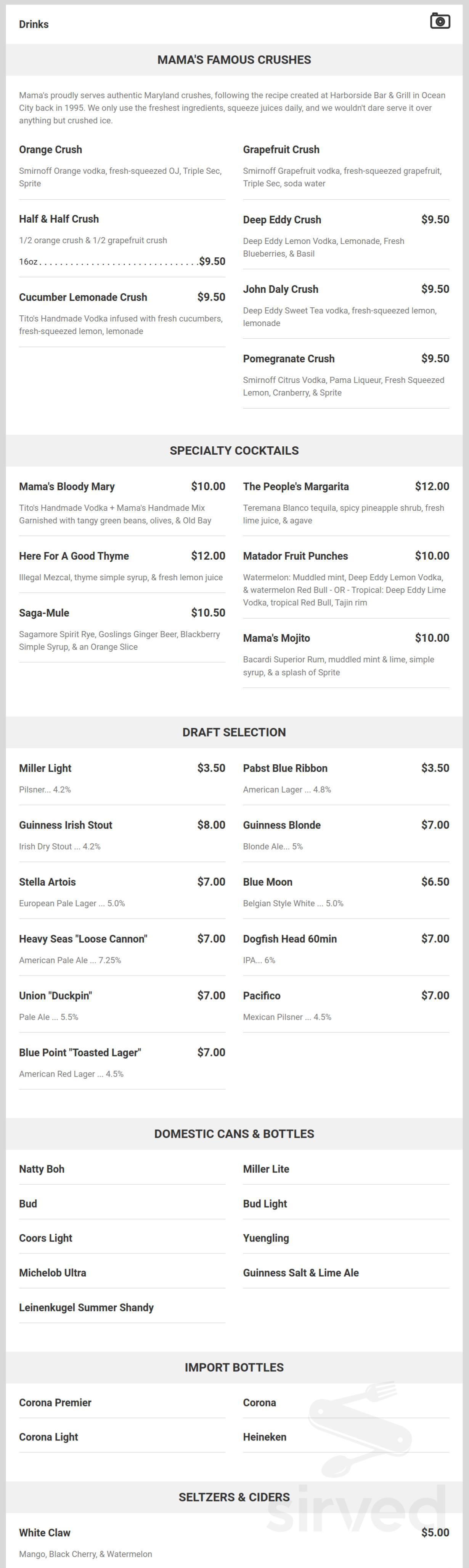 Mama's On the Half Shell menu in Baltimore, Maryland, USA