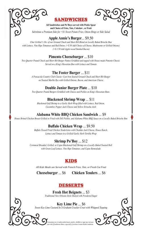 Seville Quarter menu in Pensacola, Florida, USA