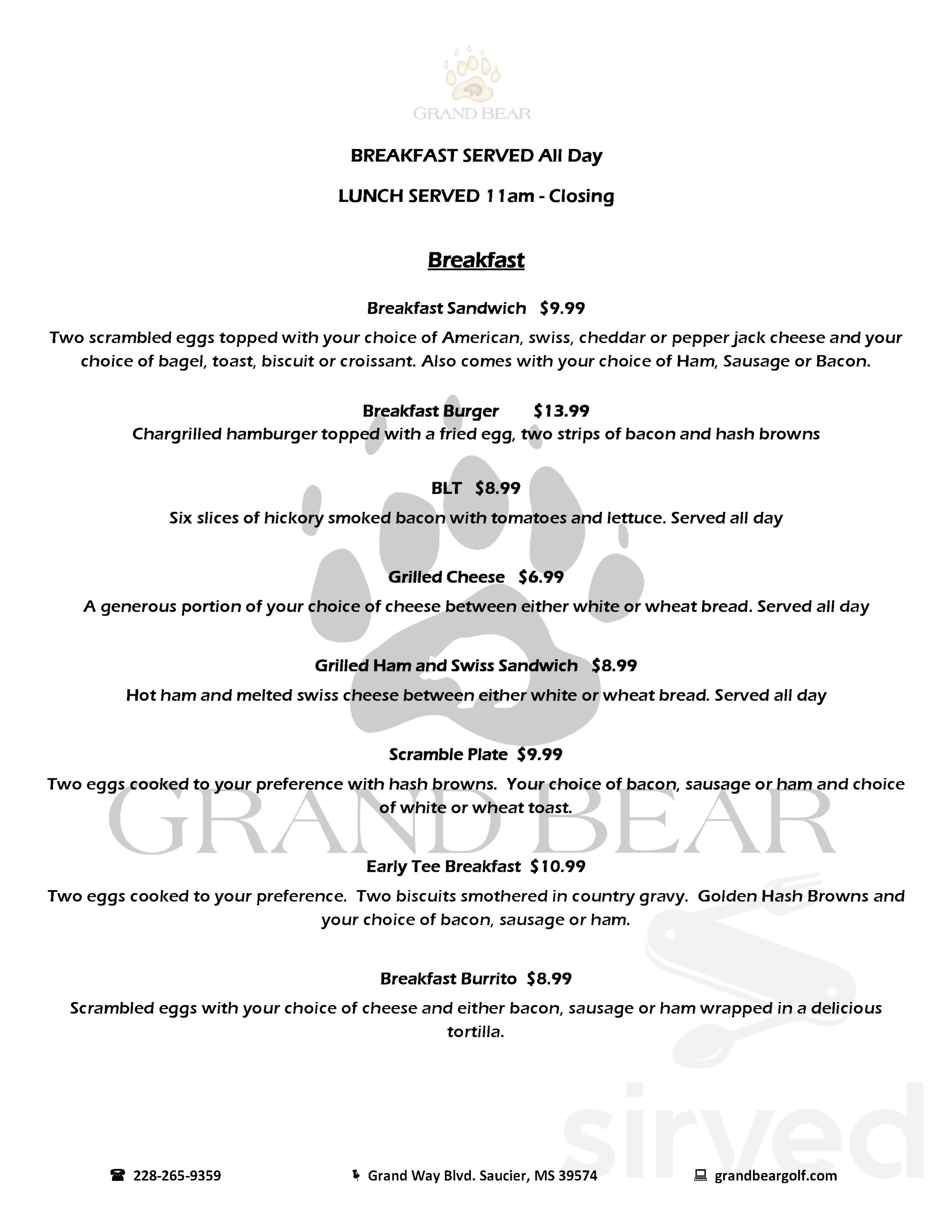 Menu - Saucier MS's Grand Bear Golf Club | Sirved