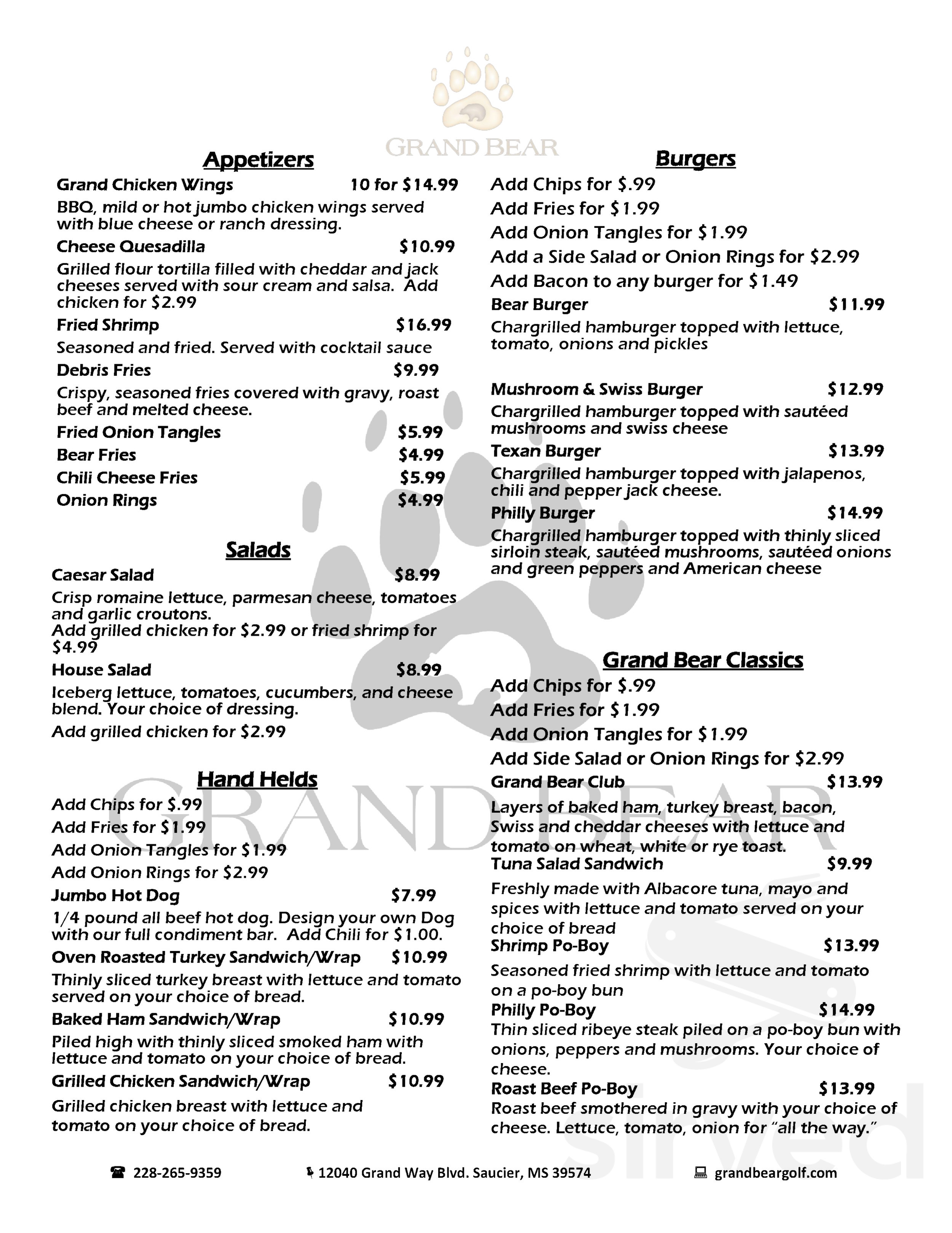Menu - Saucier MS's Grand Bear Golf Club | Sirved
