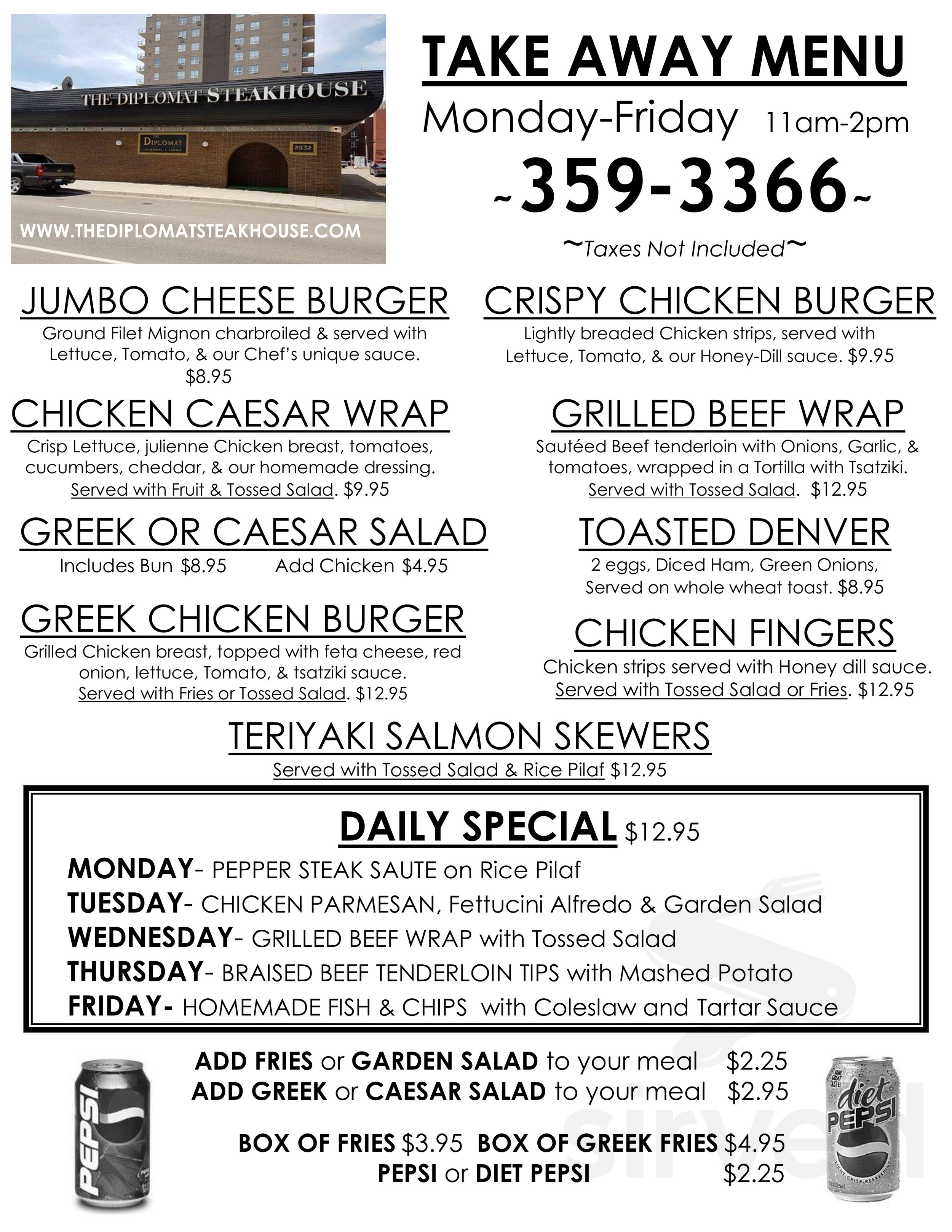 The Diplomat Steakhouse menu in Regina, Saskatchewan, Canada