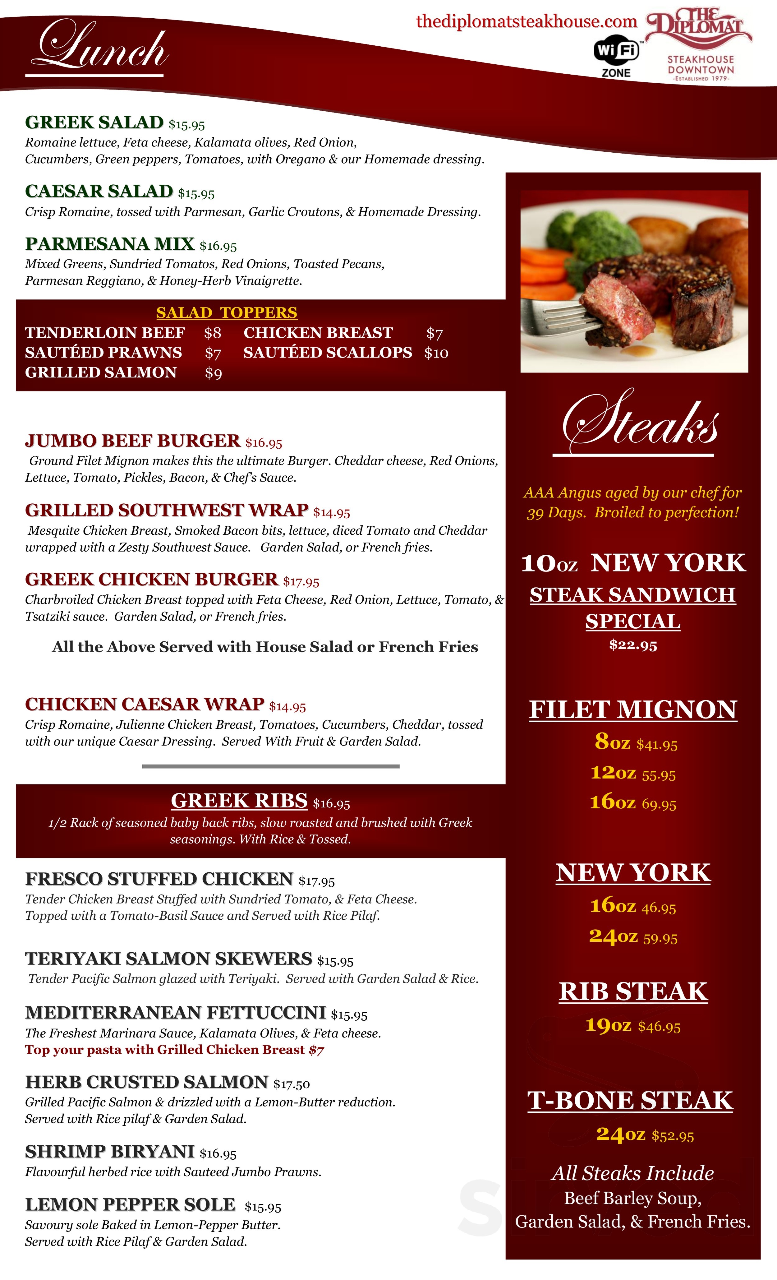 The Diplomat Steakhouse menu in Regina, Saskatchewan, Canada