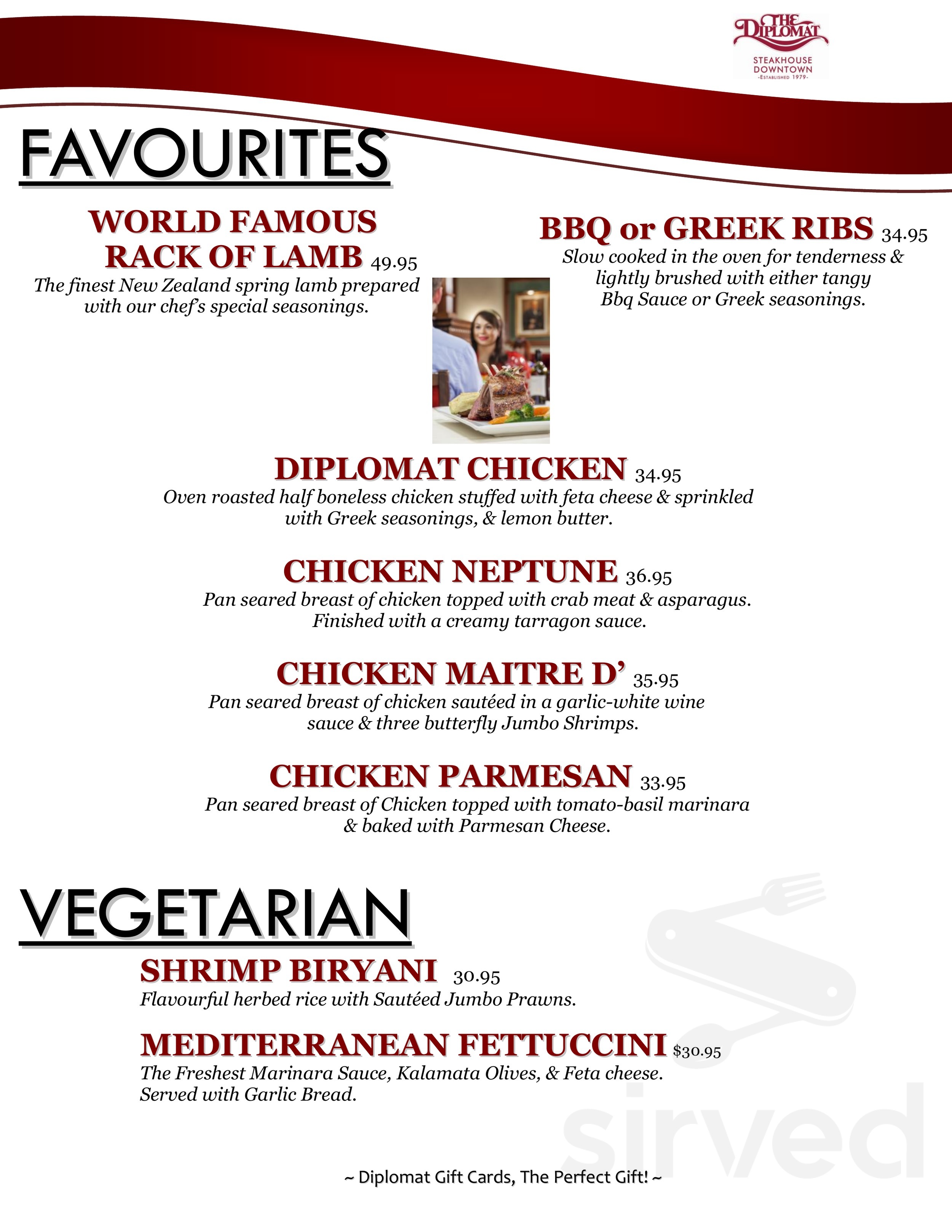 The Diplomat Steakhouse menu in Regina, Saskatchewan, Canada