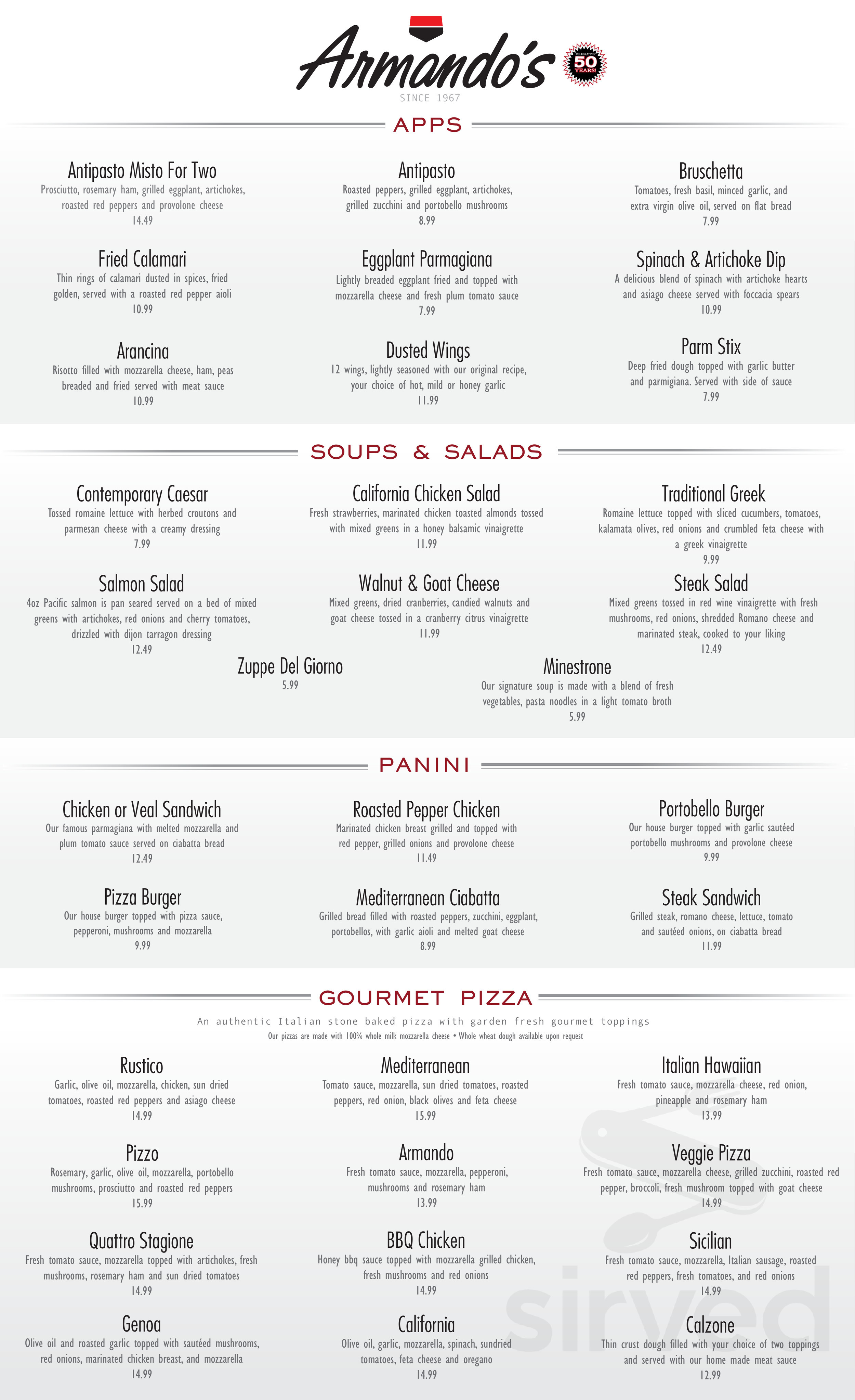 Menu for Armando's Pizza in Windsor, ON | Sirved