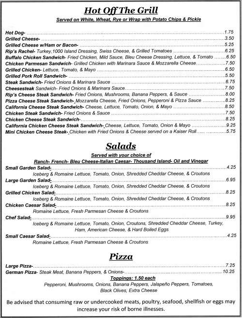 Rip Van Winkles' Pub menu in Easton, Pennsylvania, USA