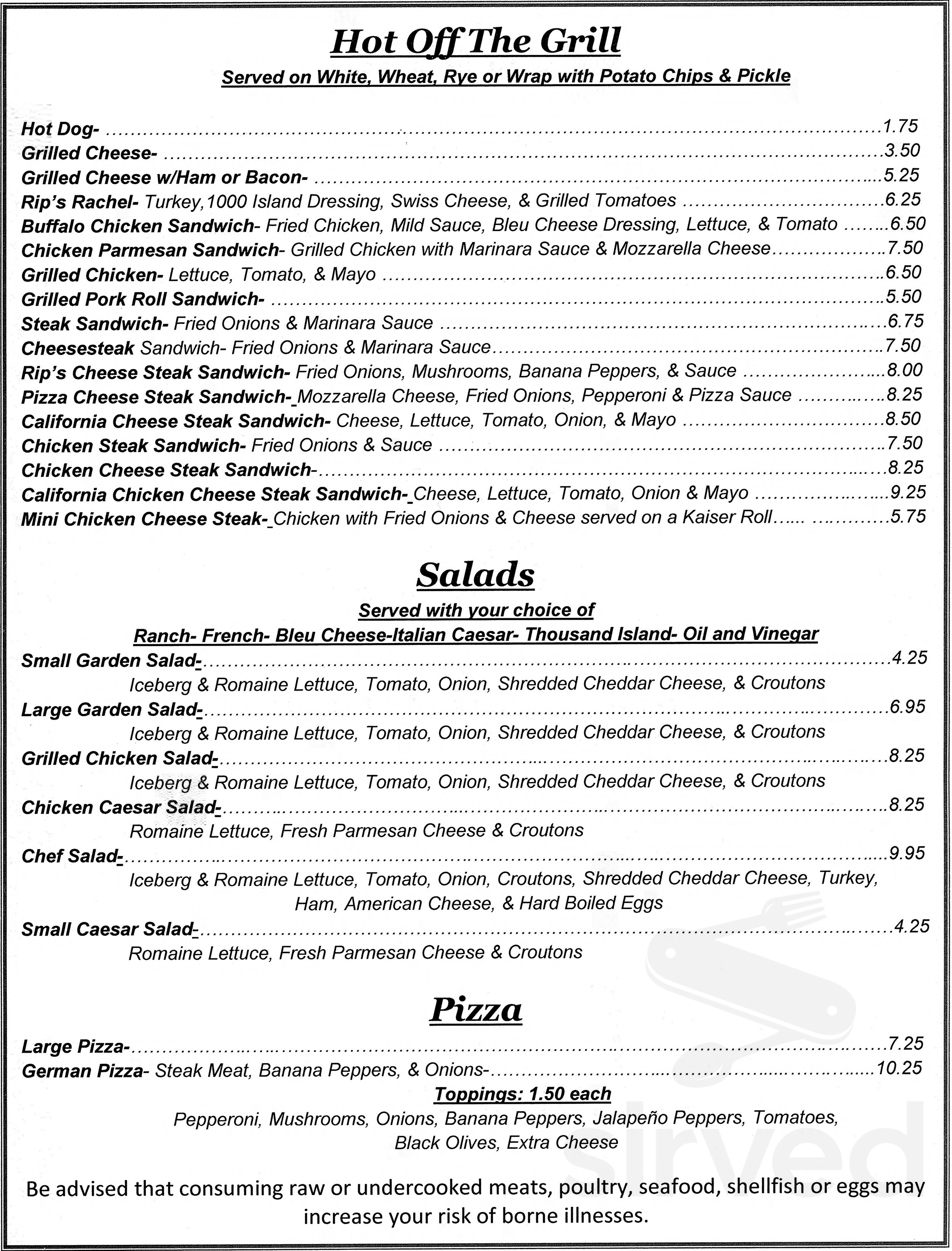 Rip Van Winkles' Pub menu in Easton, Pennsylvania, USA