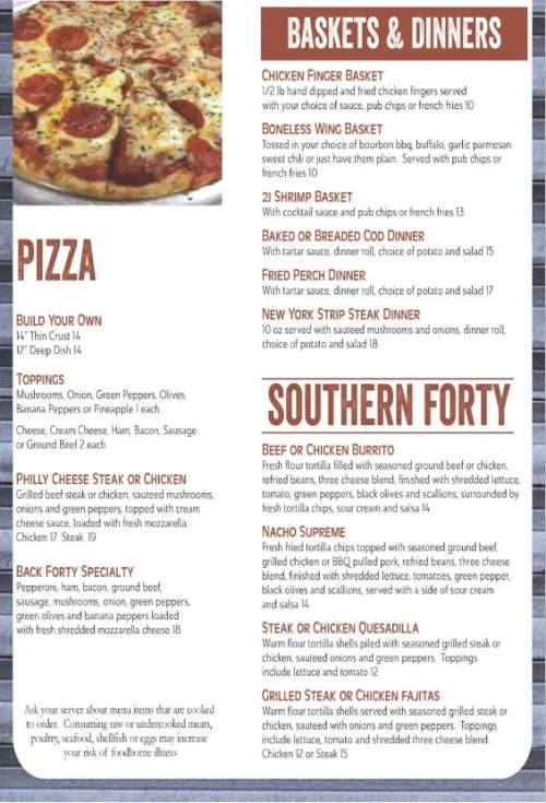 The Back Forty menu in Chesaning, Michigan, USA