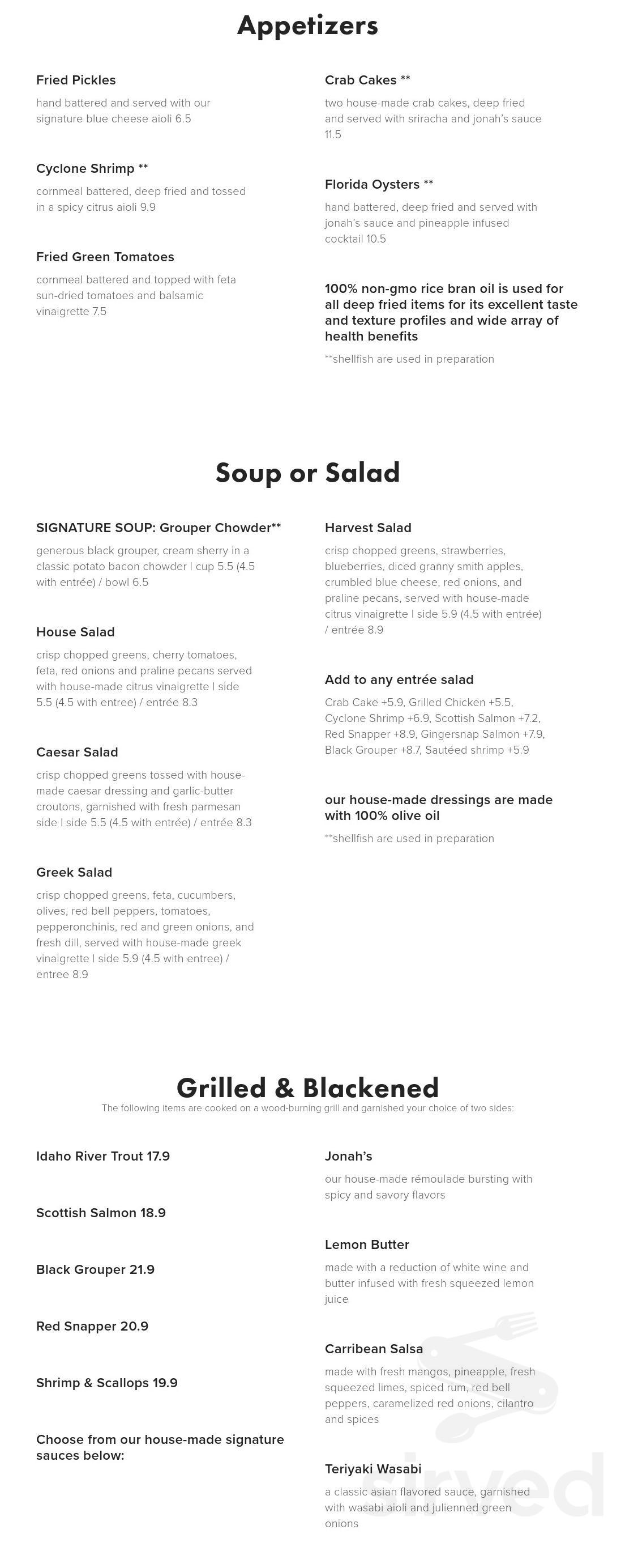 Jonah's Fish & Grits menu in Thomasville, Georgia, USA