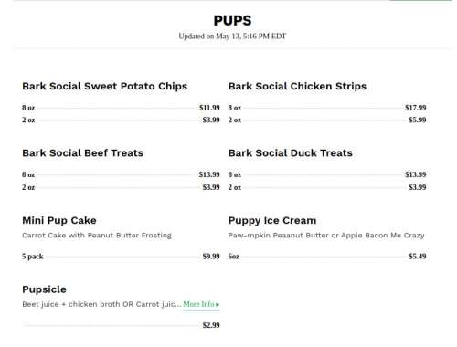 Bark Social menu in Baltimore, Maryland, USA