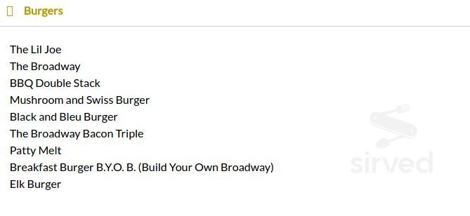 The Broadway Bar and Grill menu in West Burlington, Iowa, USA