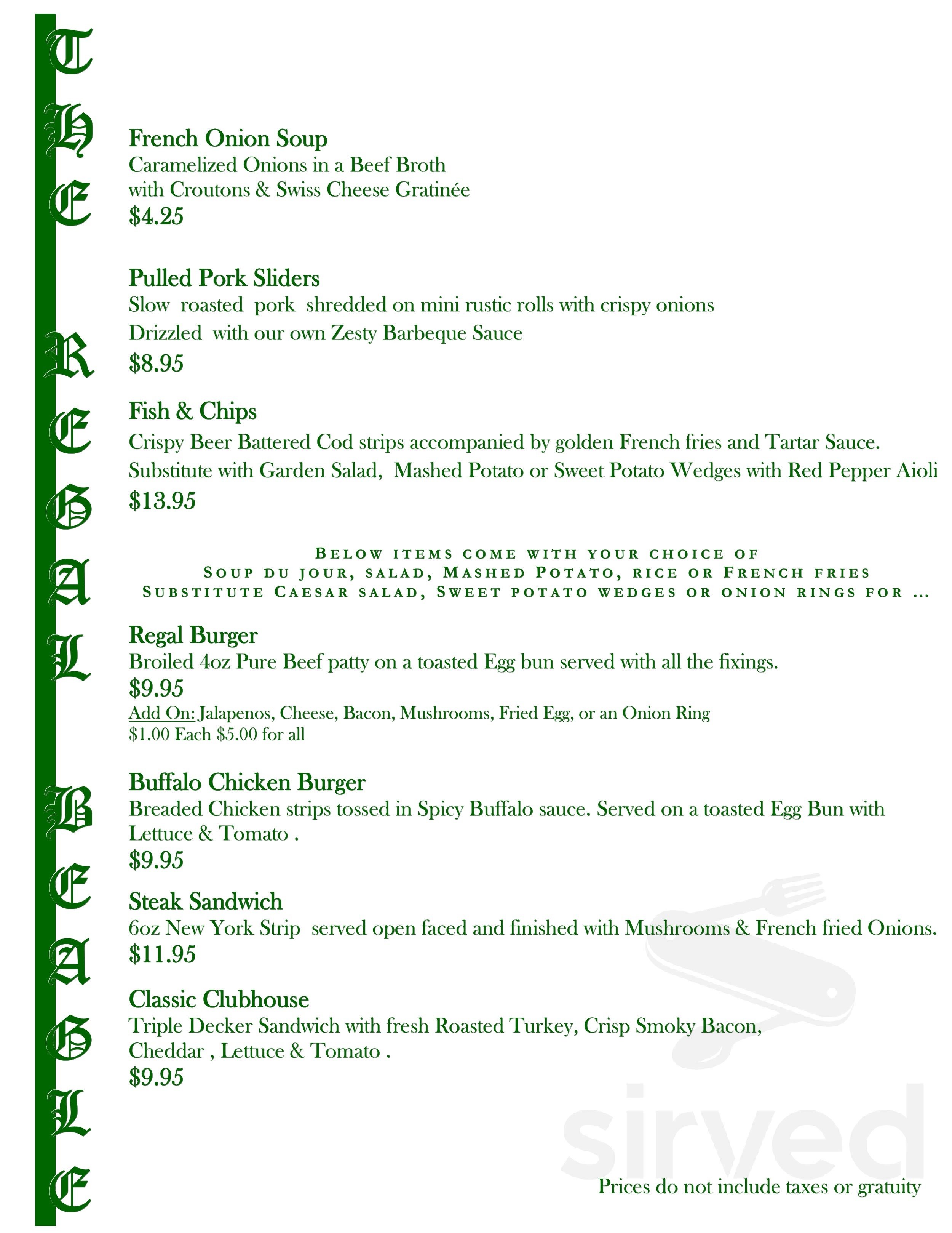 Regal Beagle Pub menu in Winnipeg, Manitoba, Canada