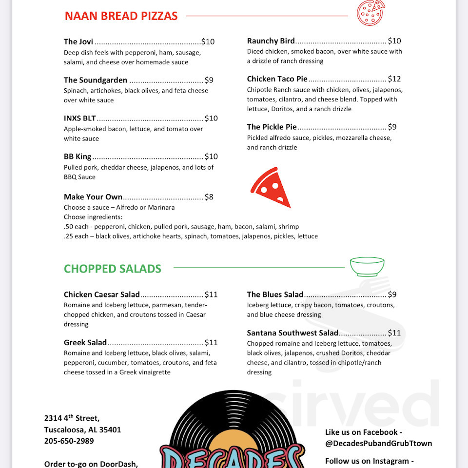 Decades Pub and Grub menu in Tuscaloosa, Alabama, USA