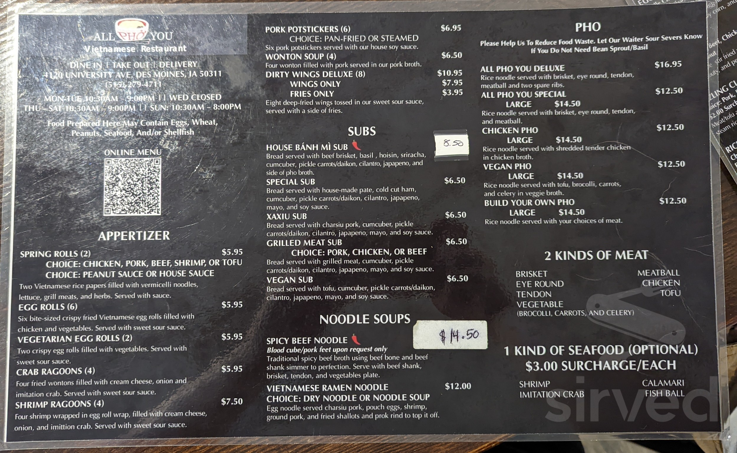 All Pho You menu in Des Moines, Iowa, USA