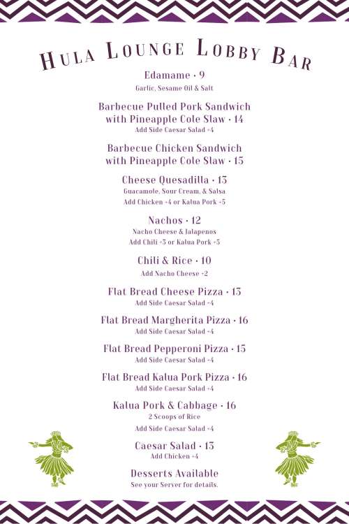 Hula Lounge Lobby Bar menu in Hilo, Hawaii, USA