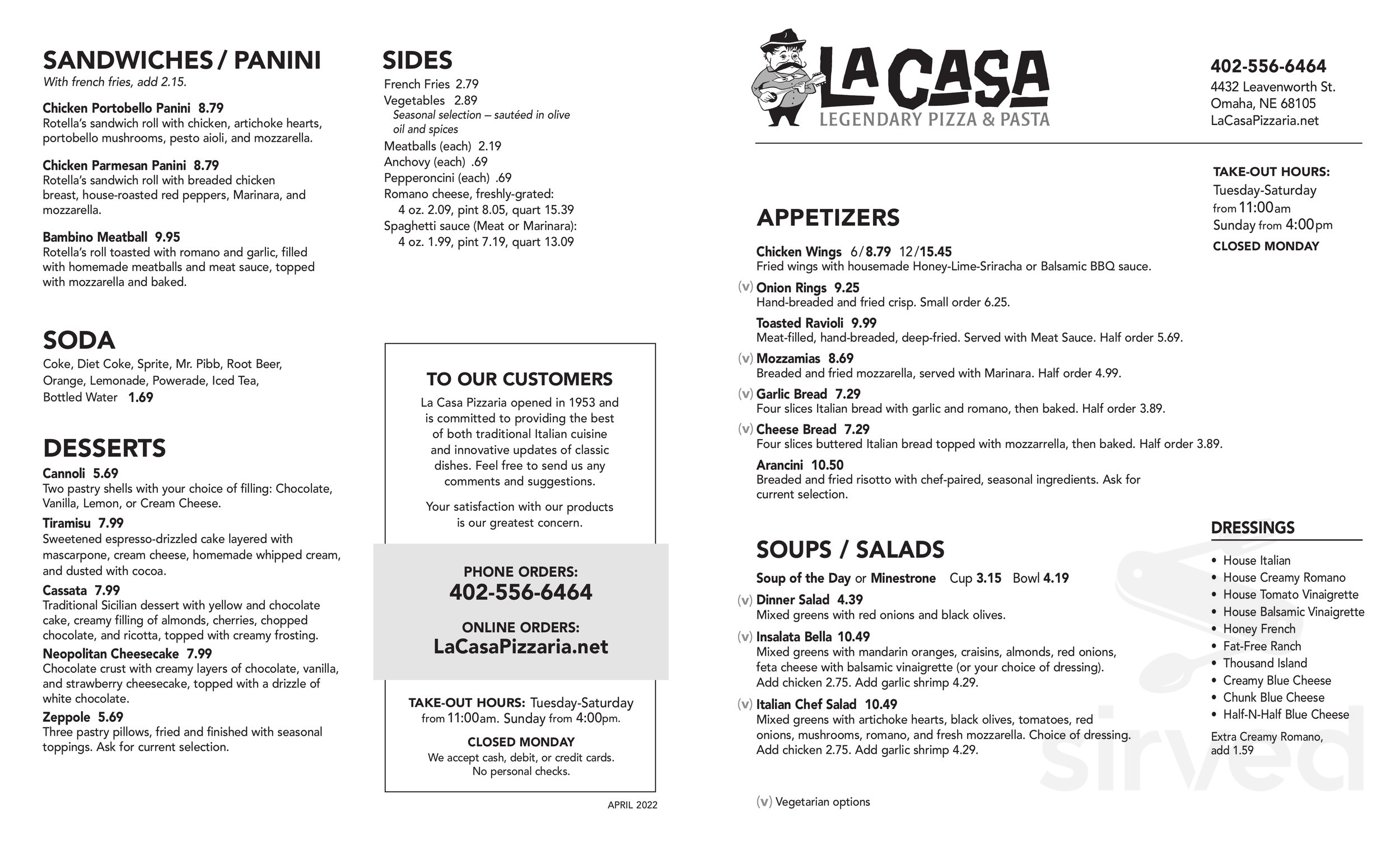 La Casa Pizzaria menu in Omaha, Nebraska, USA