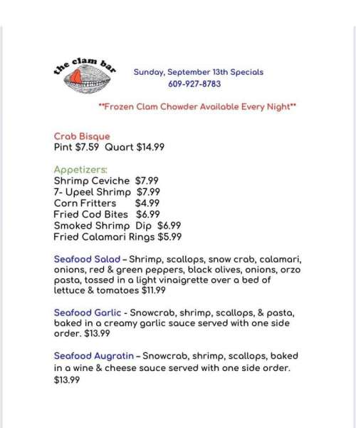 Smitty's Clam Bar menu in Somers Point, New Jersey, USA