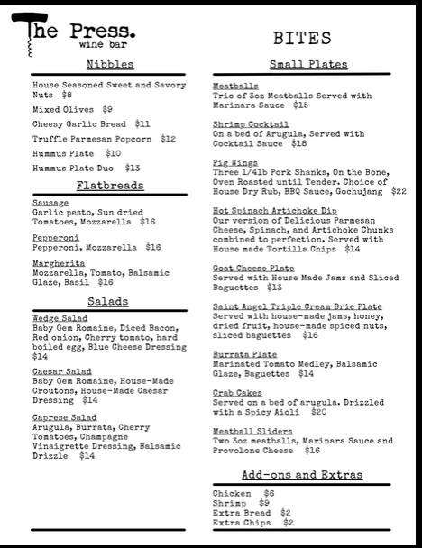 The Press Wine Bar menu in Tracy, California, USA