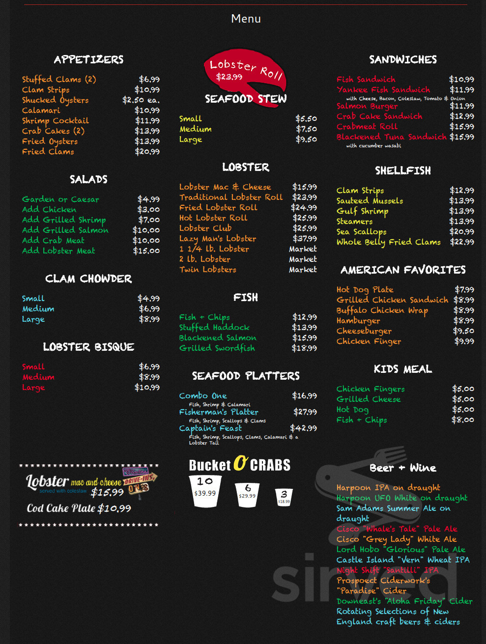 Menu - Boston MA's Yankee Lobster | Sirved