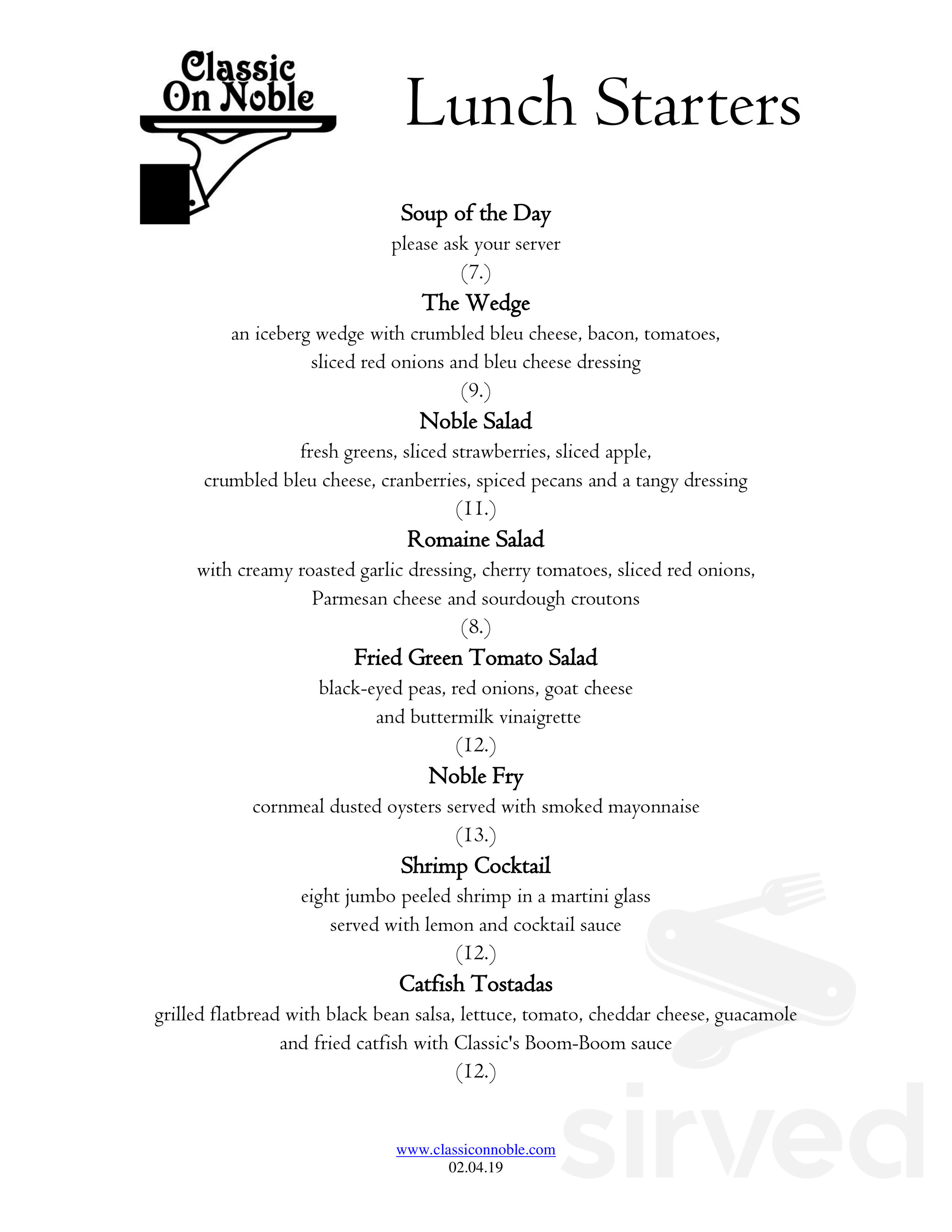 Classic On Noble menu in Anniston, Alabama, USA