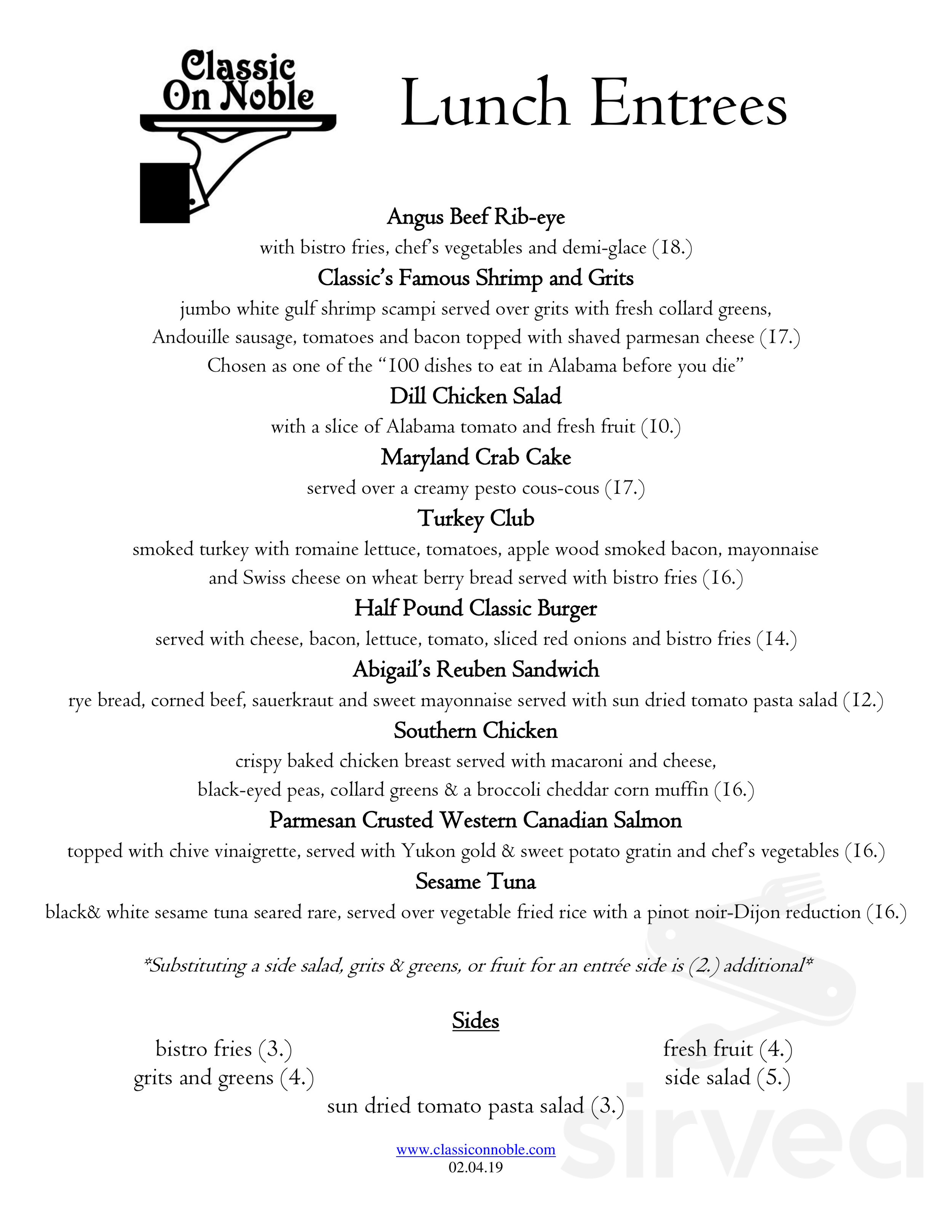 Classic On Noble menu in Anniston, Alabama, USA