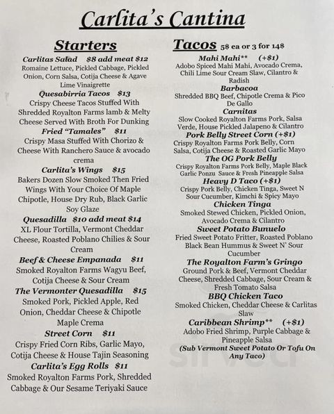 Carlita's Cantina menu in South Royalton, Vermont, USA