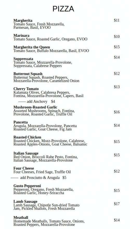 Pizzeria Gusto menu in Oklahoma City, Oklahoma, USA