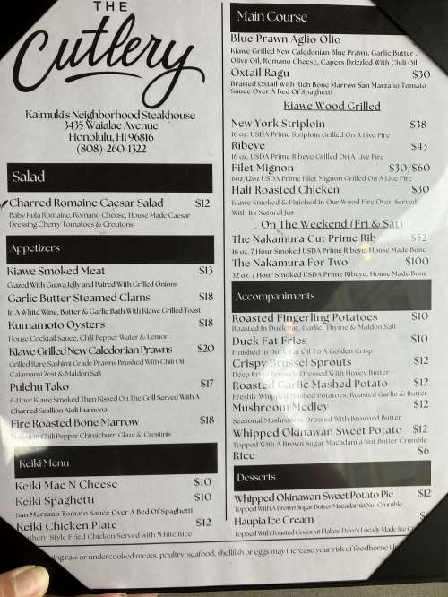 The Cutlery - Kaimuki's Neighborhood Steakhouse & Barbershop menu in ...