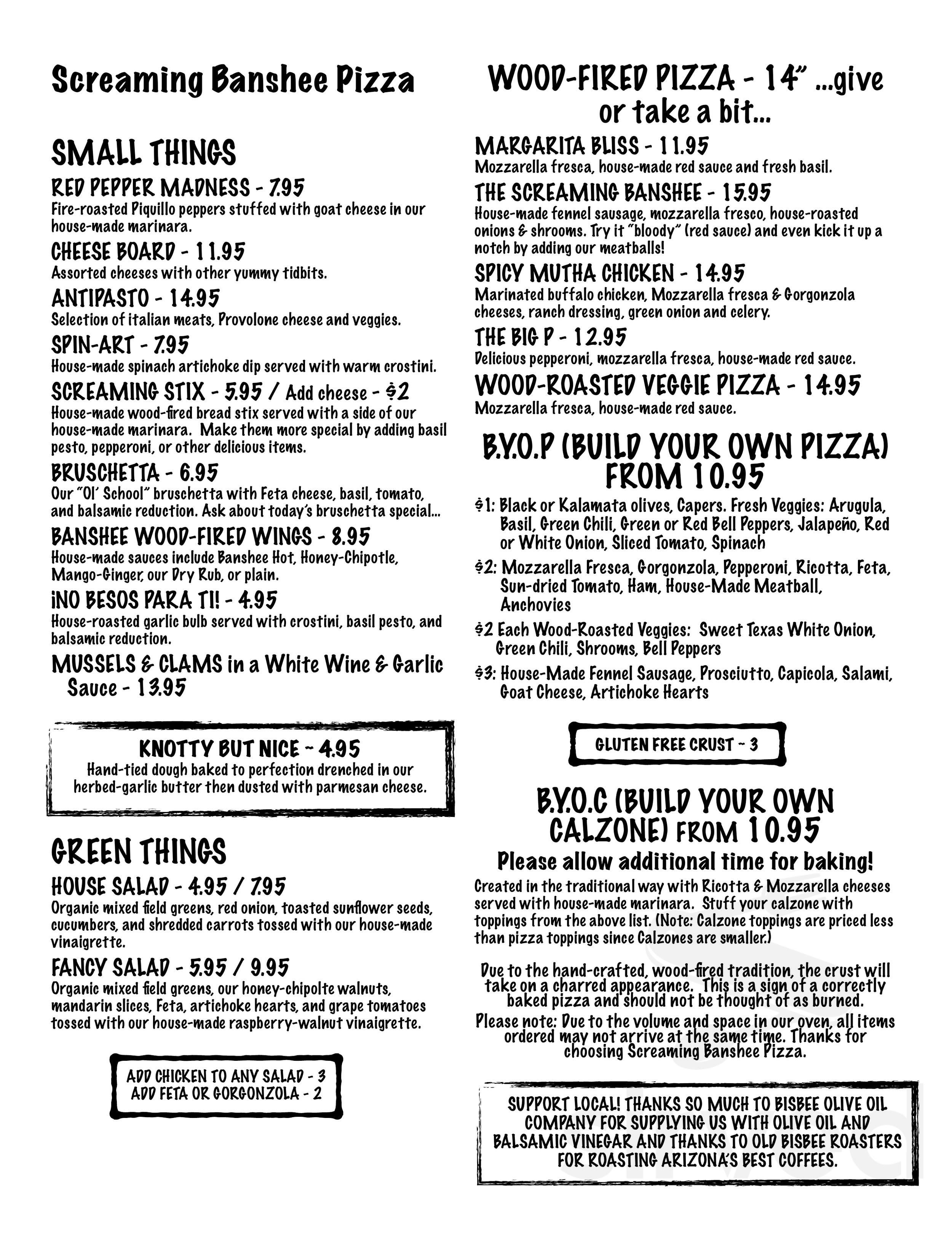 Screaming Banshee Pizza menus in Bisbee, Arizona, United States
