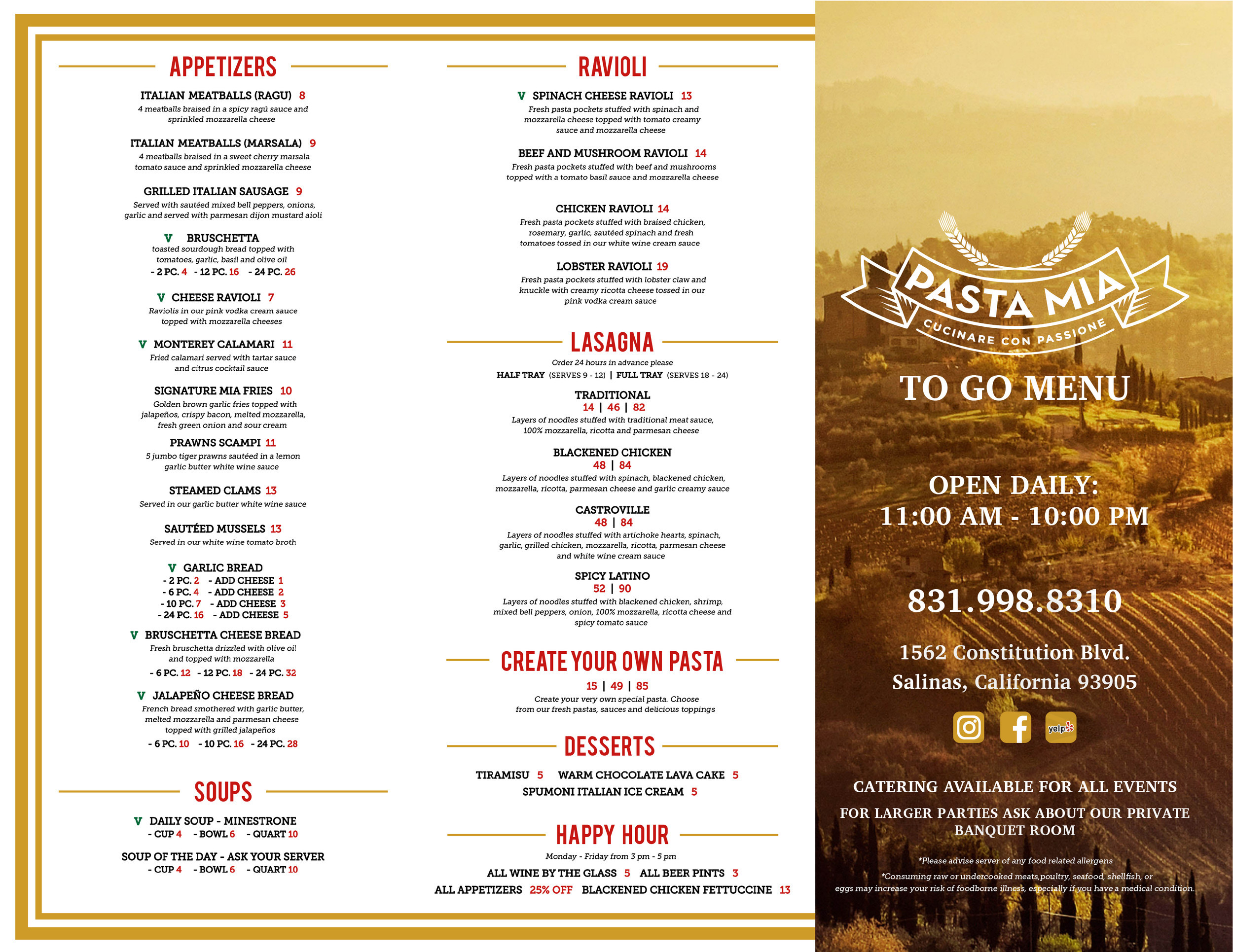 Pasta Mia menu in Salinas, California, USA