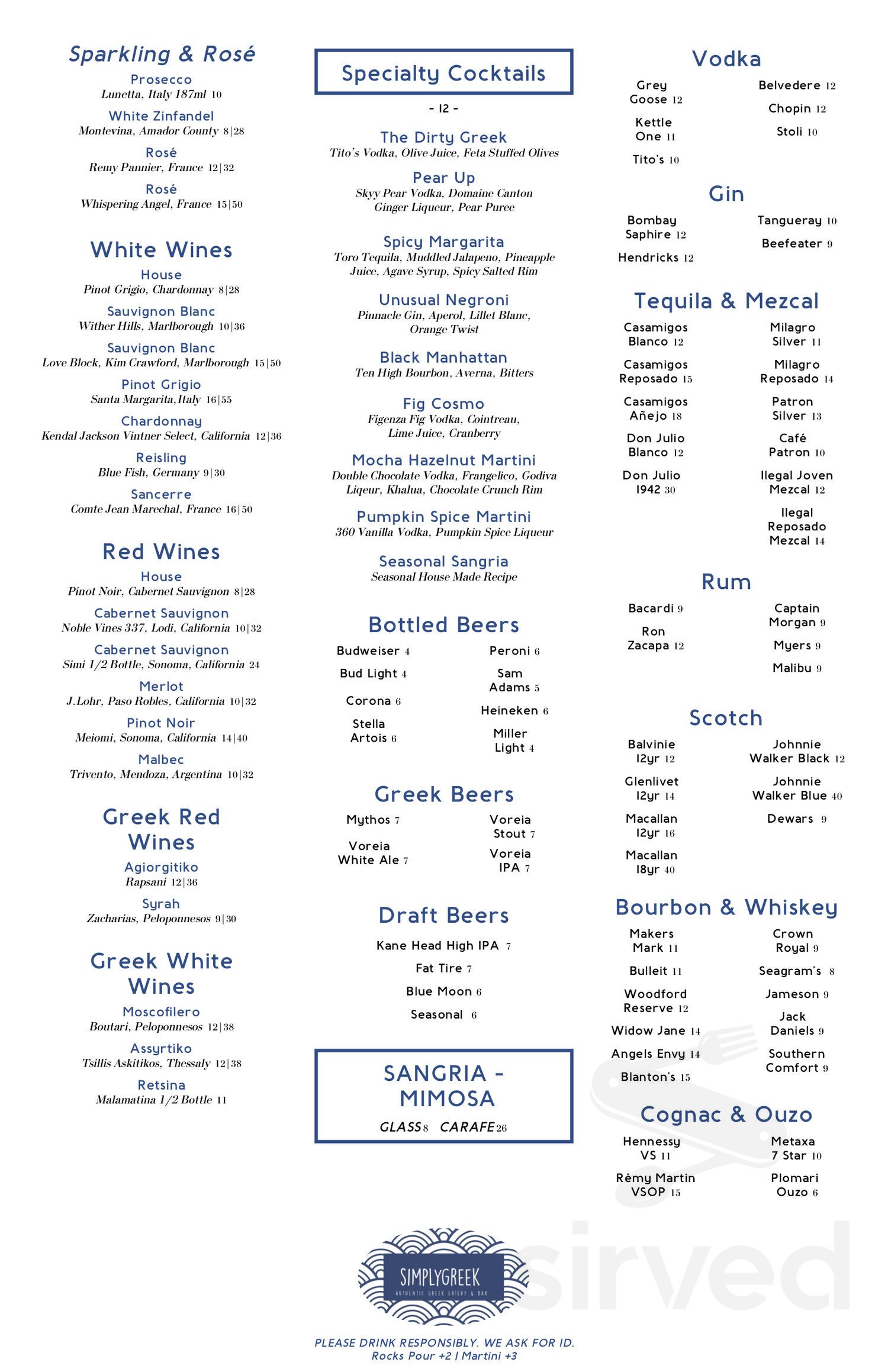 Simply Greek menu in Holmdel, New Jersey, USA