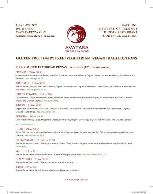 Avatara Pizza Ltd. menu in Calgary, Alberta, Canada