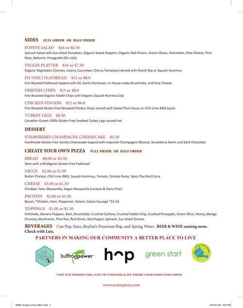 Avatara Pizza Ltd. menu in Calgary, Alberta, Canada
