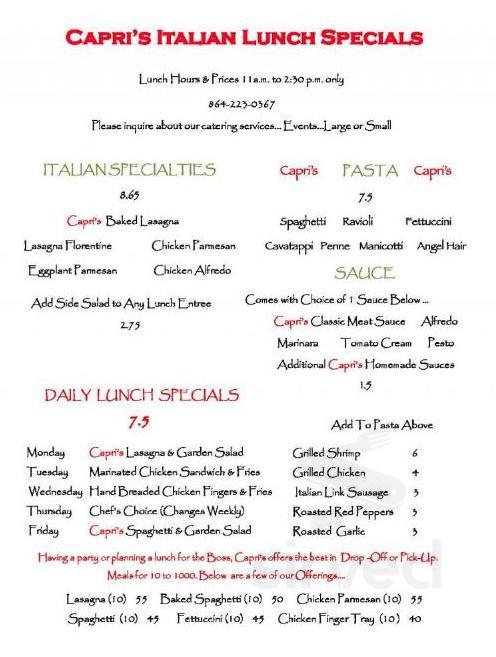 Menu for Capri's Italian in Greenwood, SC | Sirved