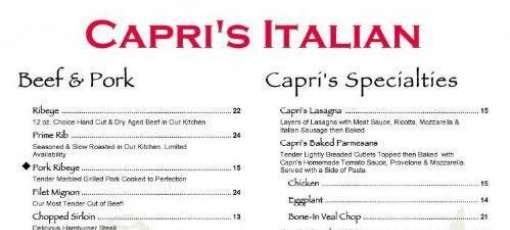 Menu for Capri's Italian in Greenwood, SC | Sirved