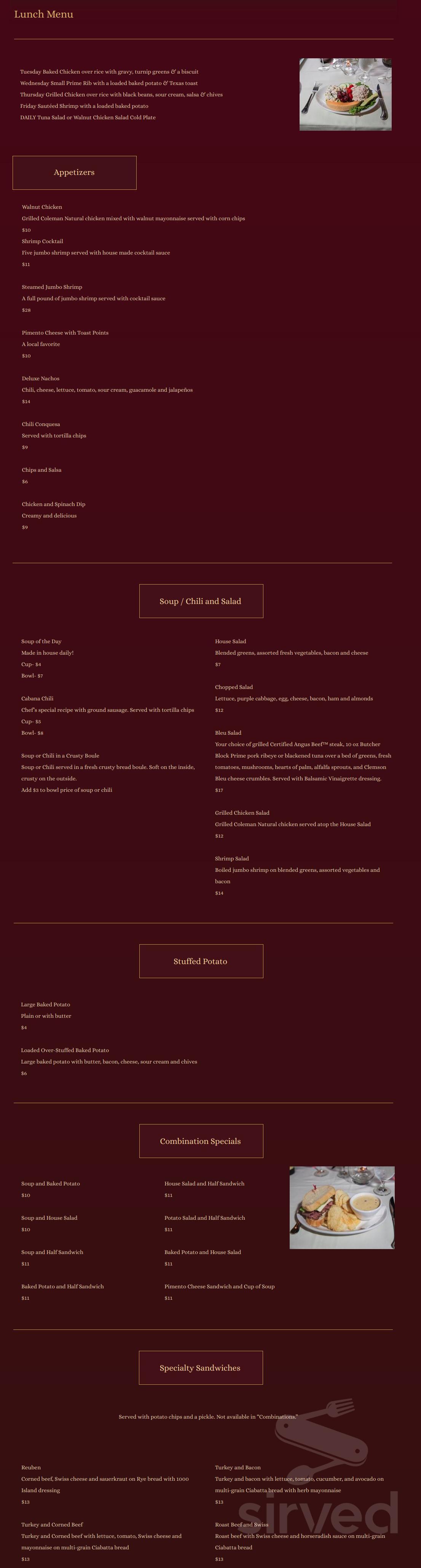 Menu - Newberry SC's Cabana Cafe | Sirved