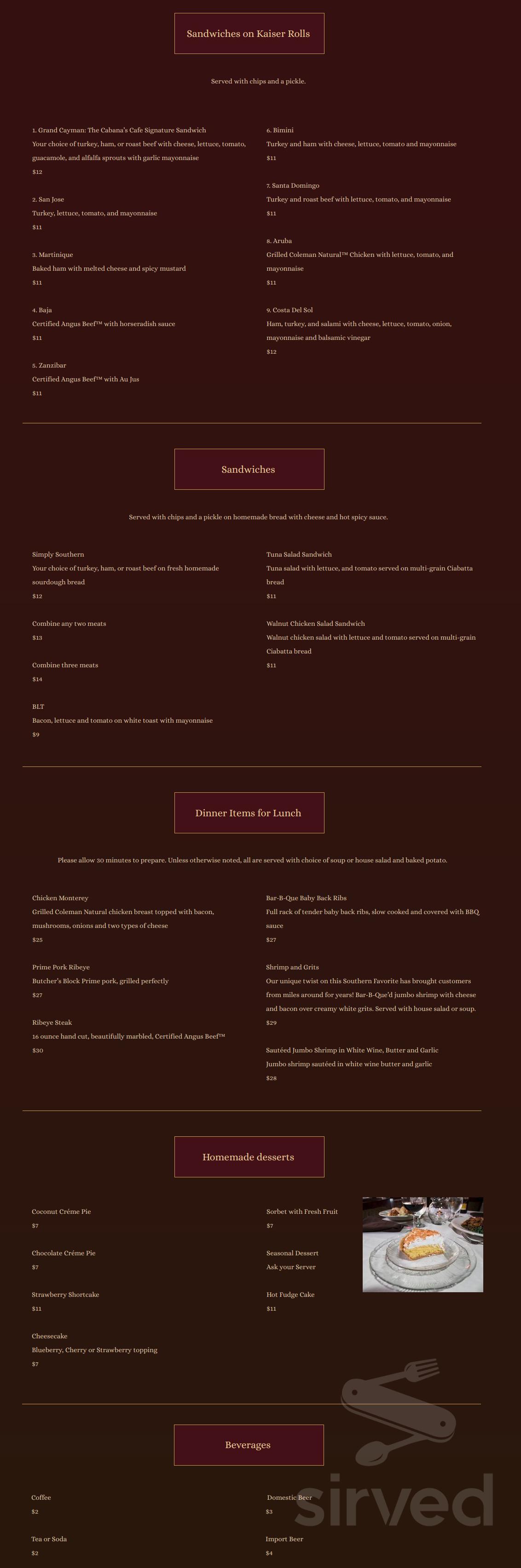 Menu - Newberry SC's Cabana Cafe | Sirved
