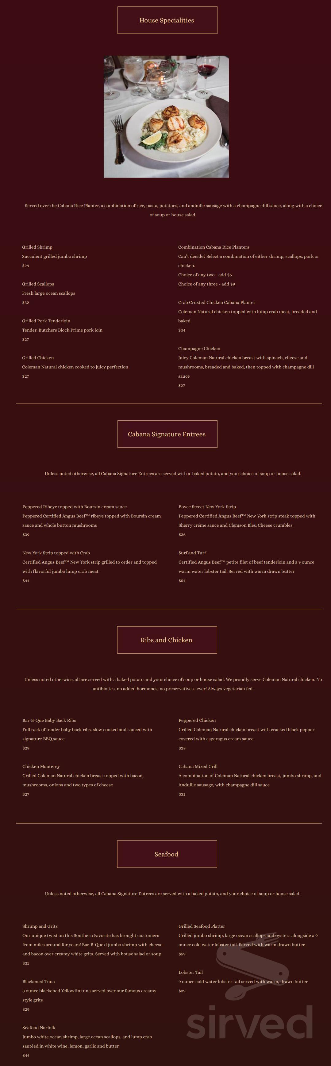 Menu - Newberry SC's Cabana Cafe | Sirved