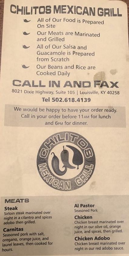 Chilitos Mexican Grill menu in Louisville, Kentucky, USA