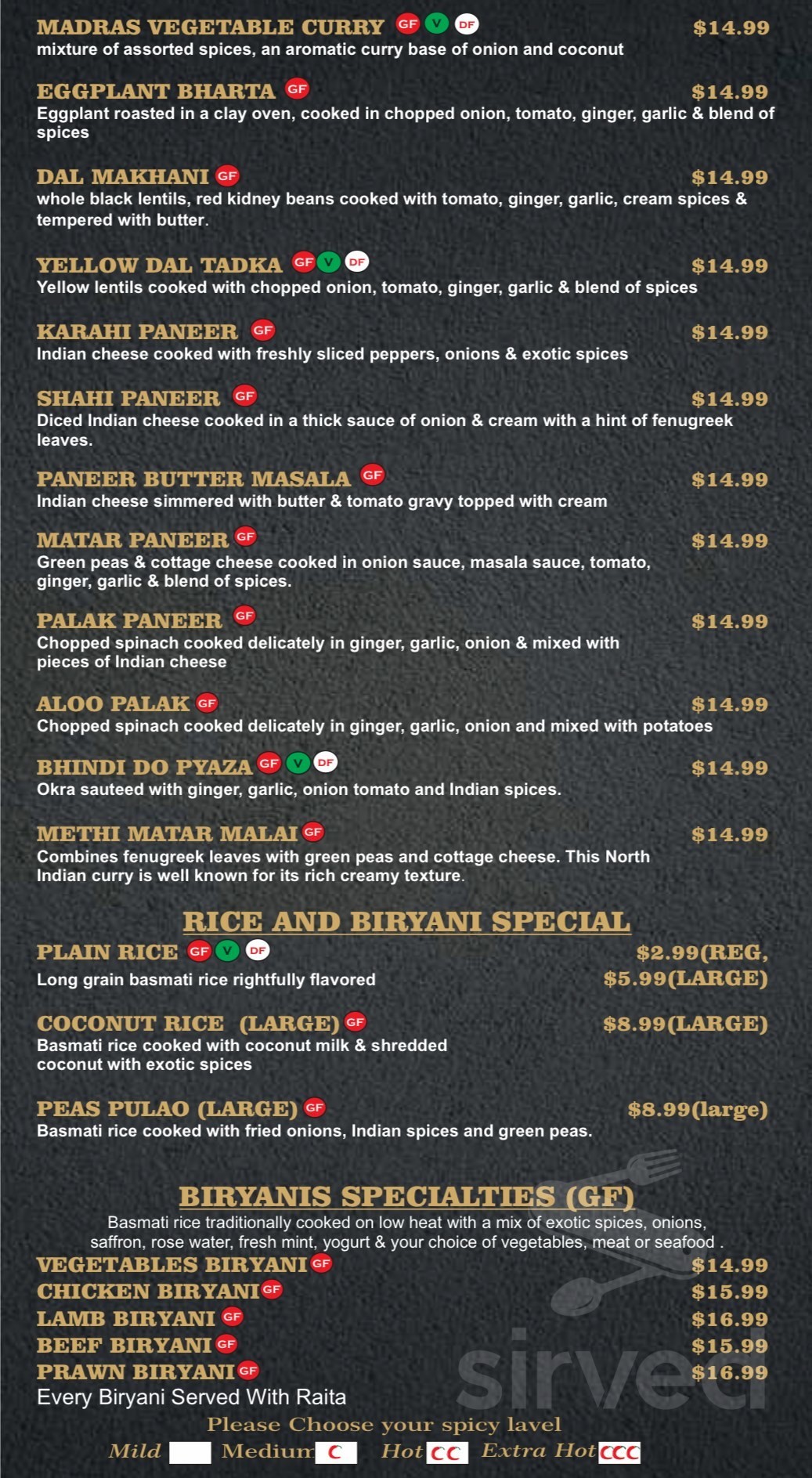 The Curry Culture menus in Nanaimo, British Columbia, Canada
