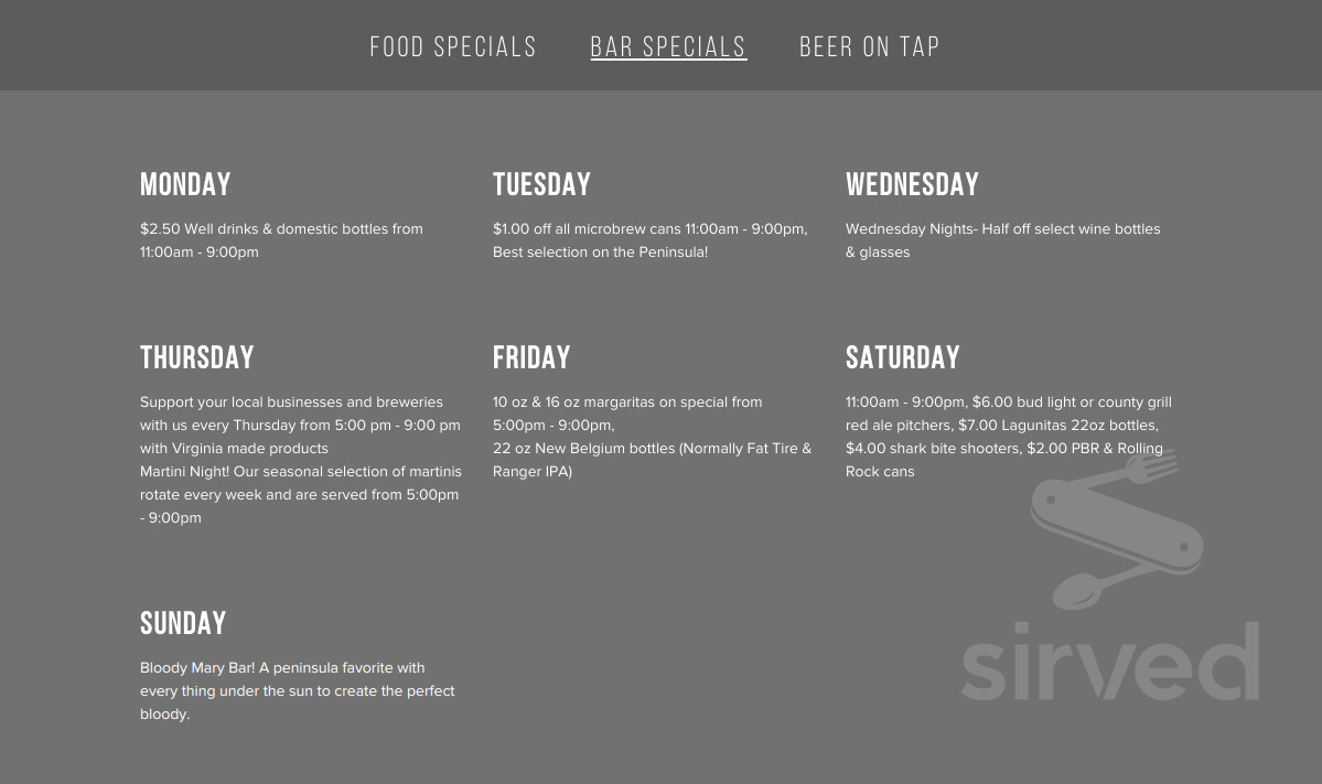 Menu for County Grill & Smokehouse in Yorktown, VA | Sirved
