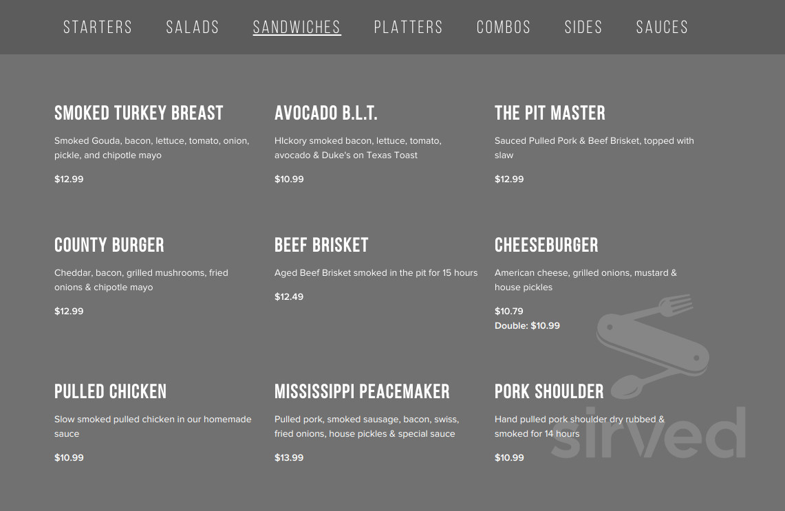 Menu - Yorktown VA's County Grill & Smokehouse | Sirved