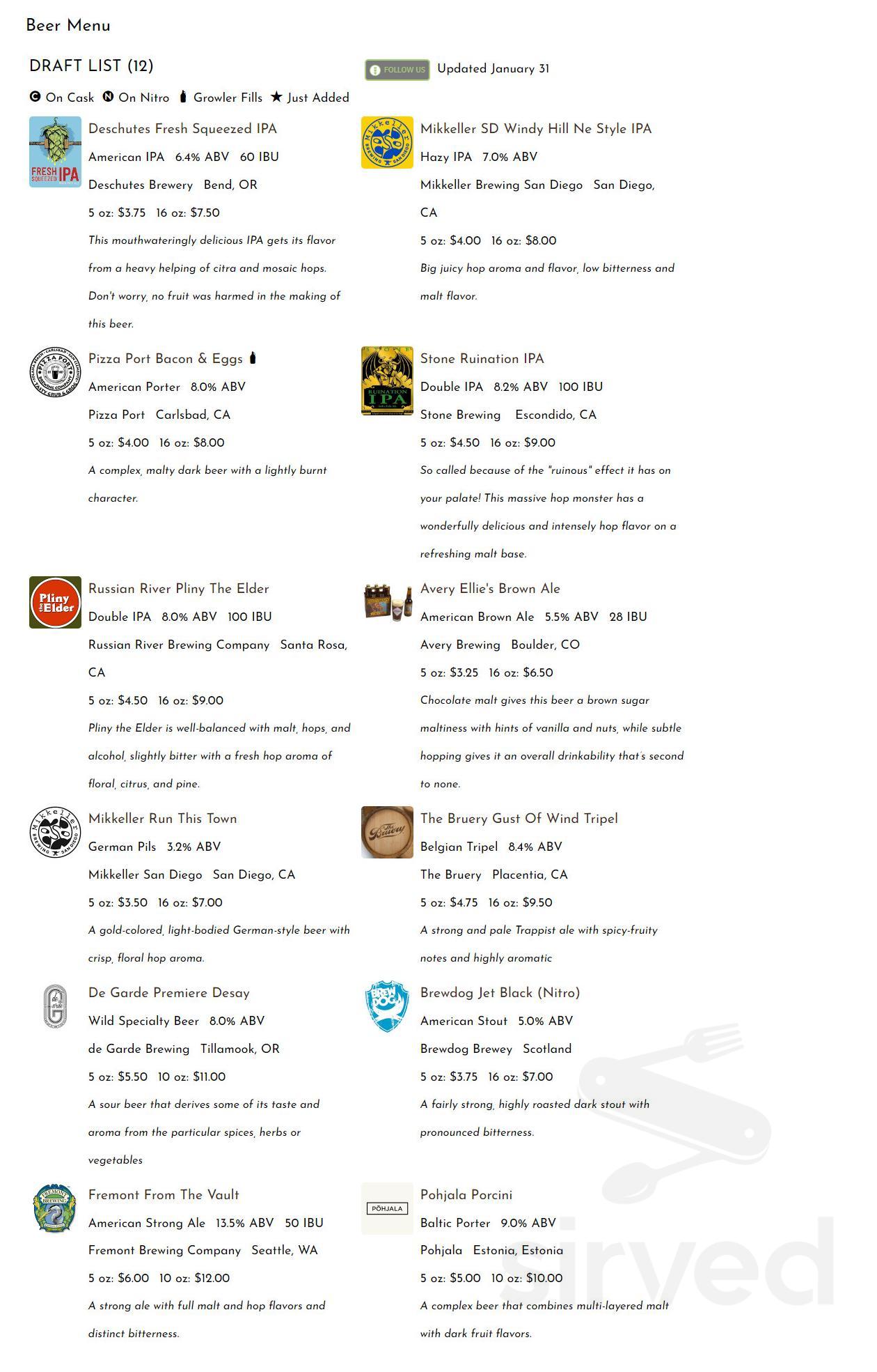 Menu - Grand Terrace CA's The Beer Room | Sirved