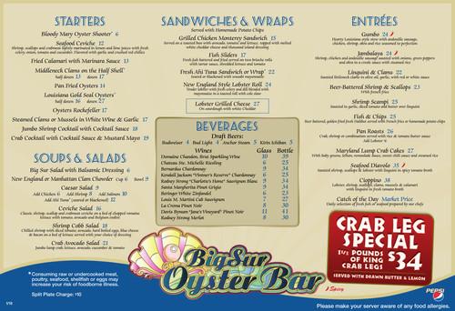 Big Sur Oyster Bar menu in Las Vegas, Nevada, USA