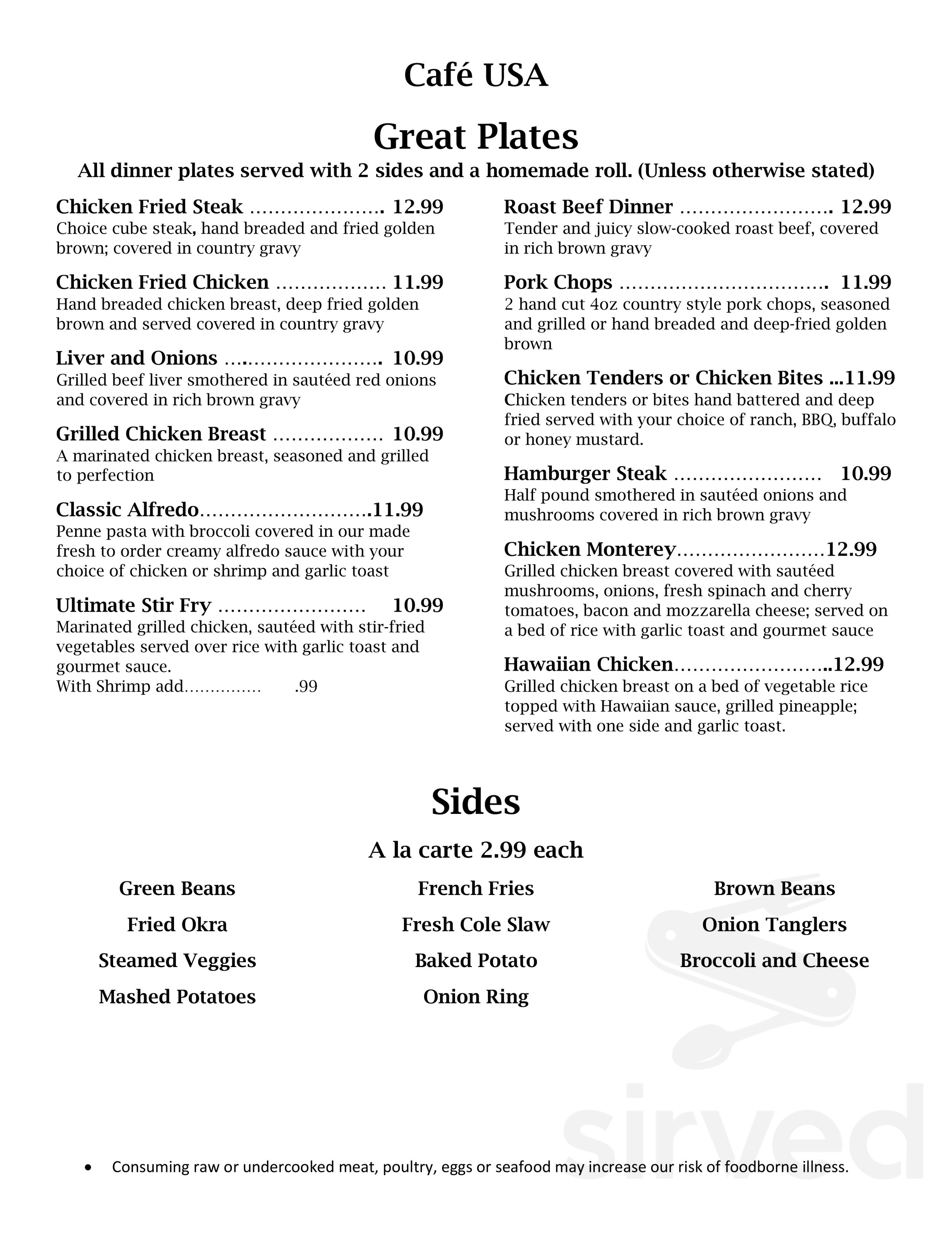 Cafe USA menu in Bentonville, Arkansas, USA