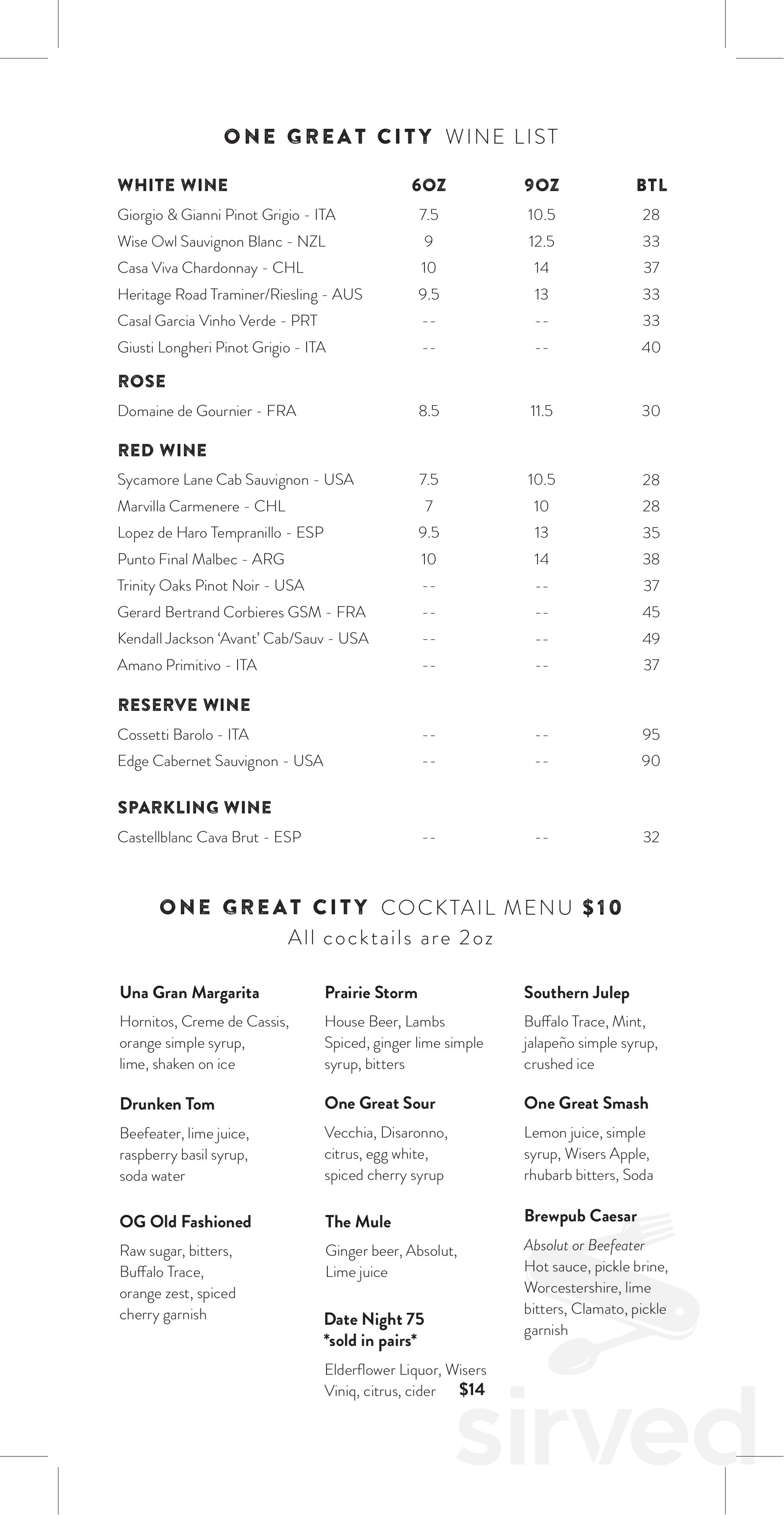One Great City Brewing Company menu in Winnipeg, Manitoba, Canada
