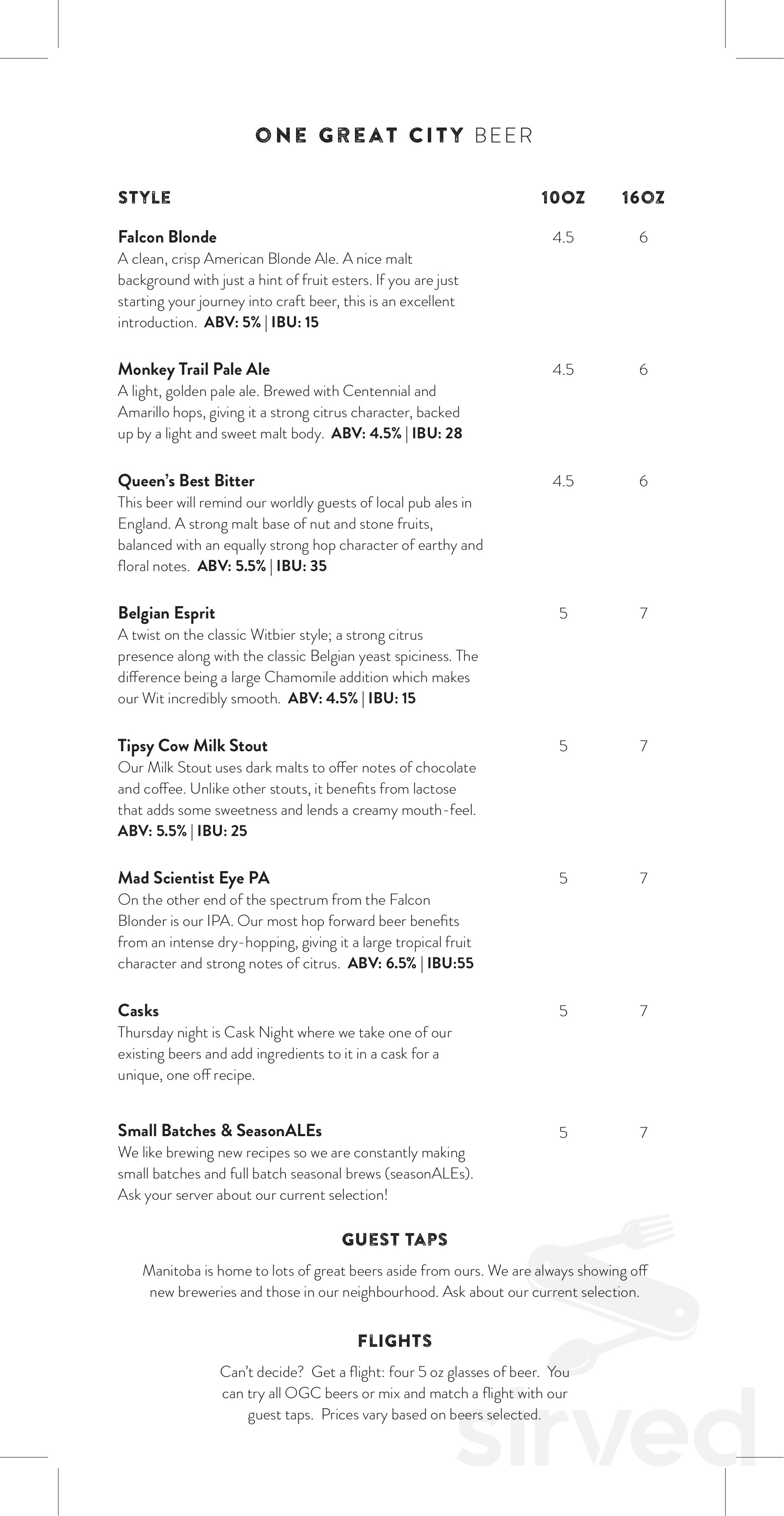 Menu - Winnipeg MB's One Great City Brewing Company | Sirved
